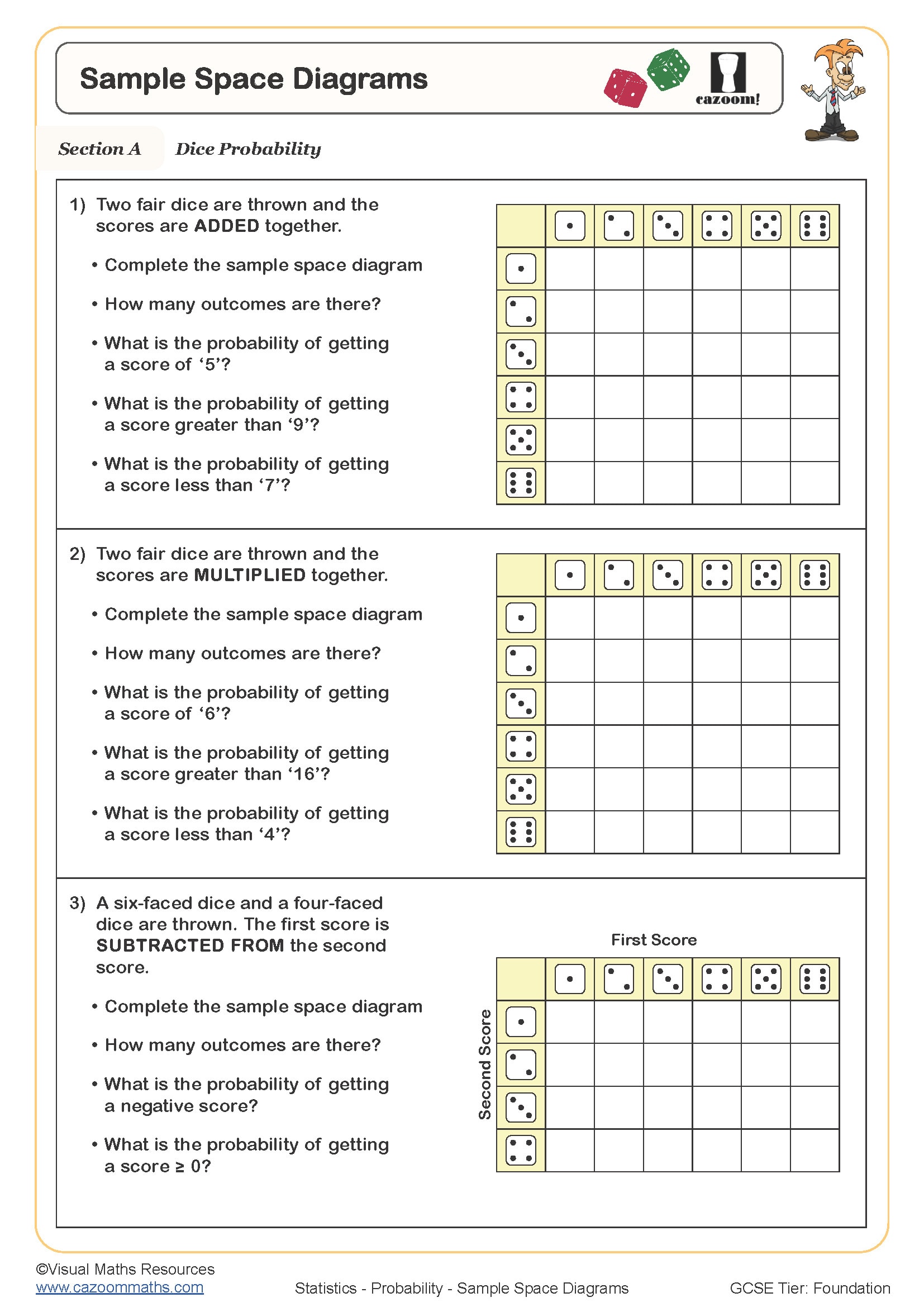 Sample Space Diagrams Worksheet | Cazoom Maths Worksheets