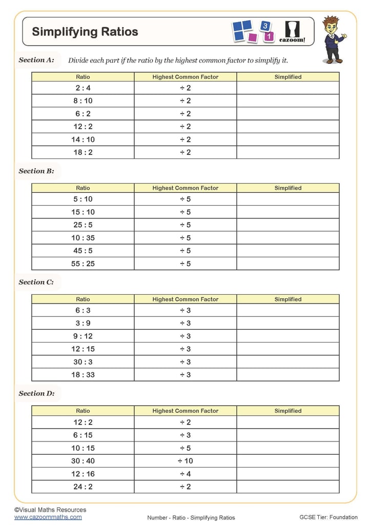 Simplifying fractions (A) Worksheet | Printable Maths Worksheets
