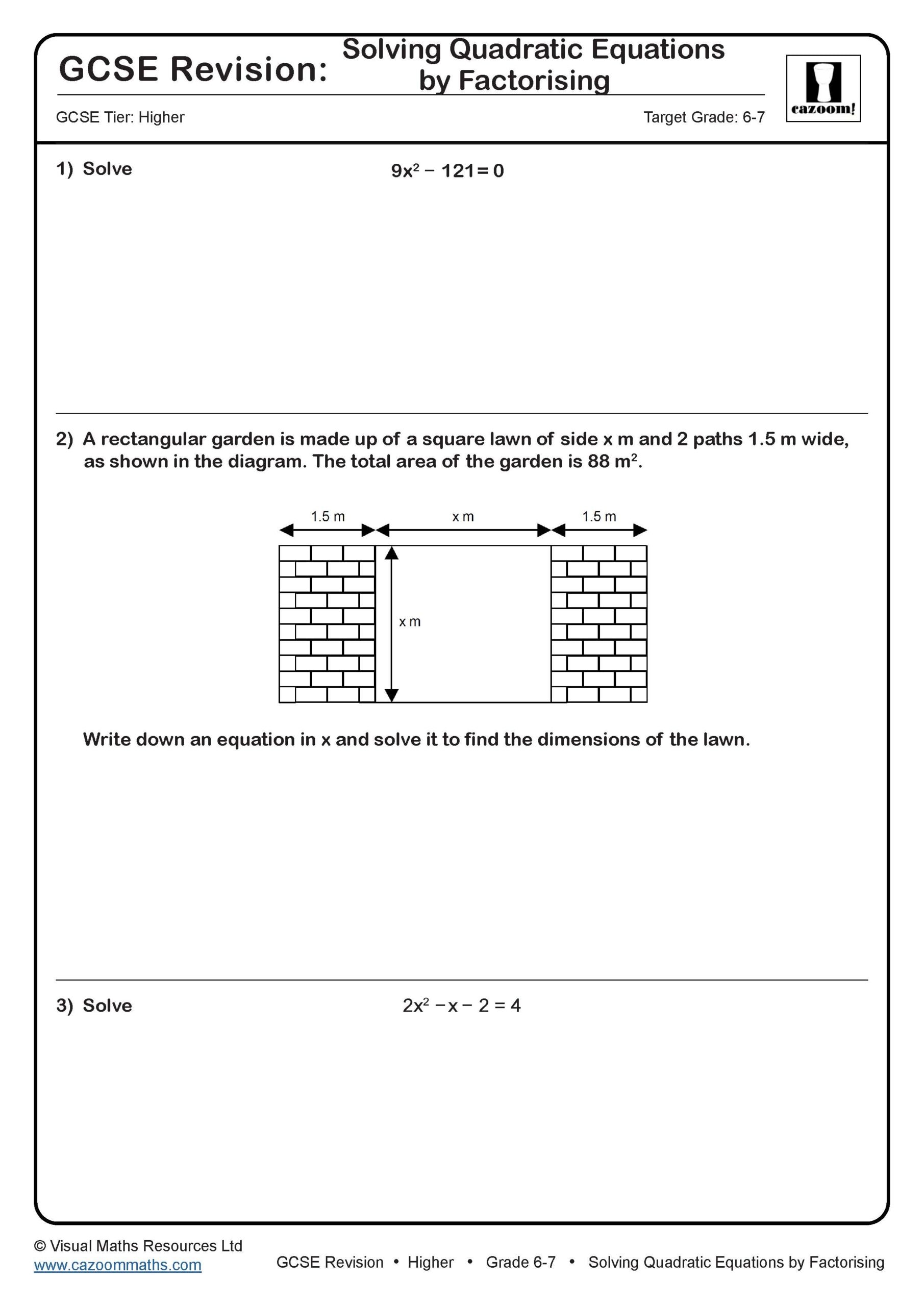 Solving Quadratic Equations by Factorising (B) | GCSE Revision Questions