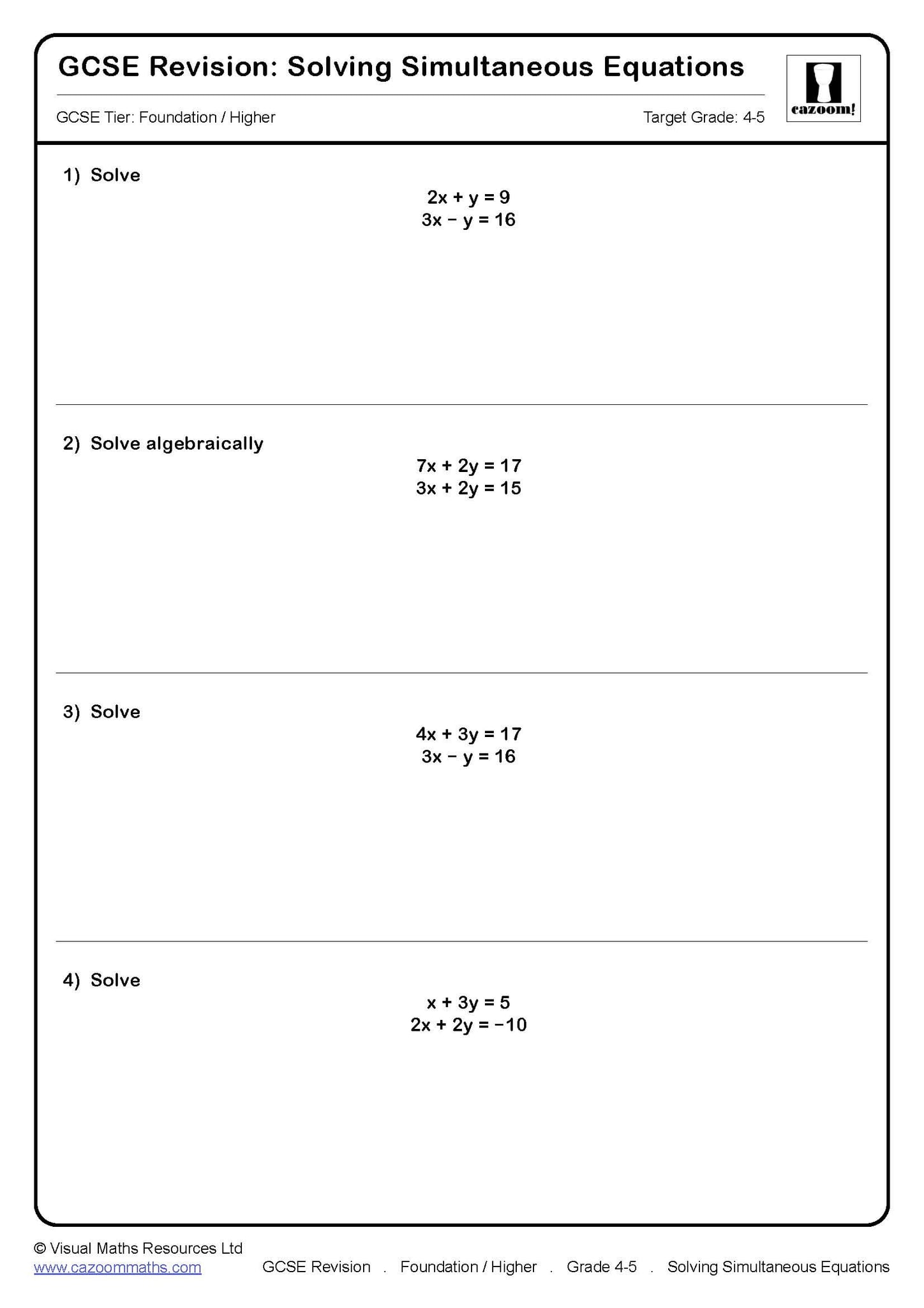 Solving Simultaneous Equations GCSE Questions GCSE Revision Questions