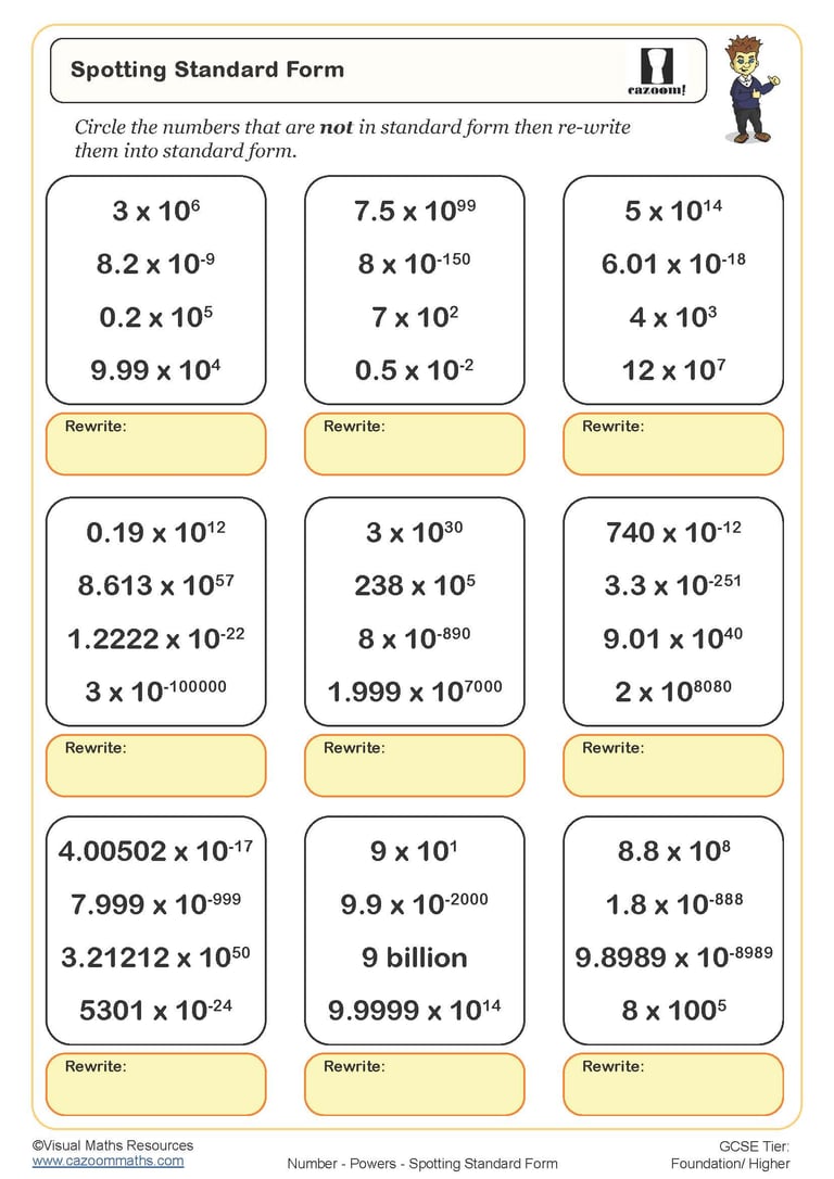 Spotting Standard Form Worksheet | Cazoom Maths Worksheets