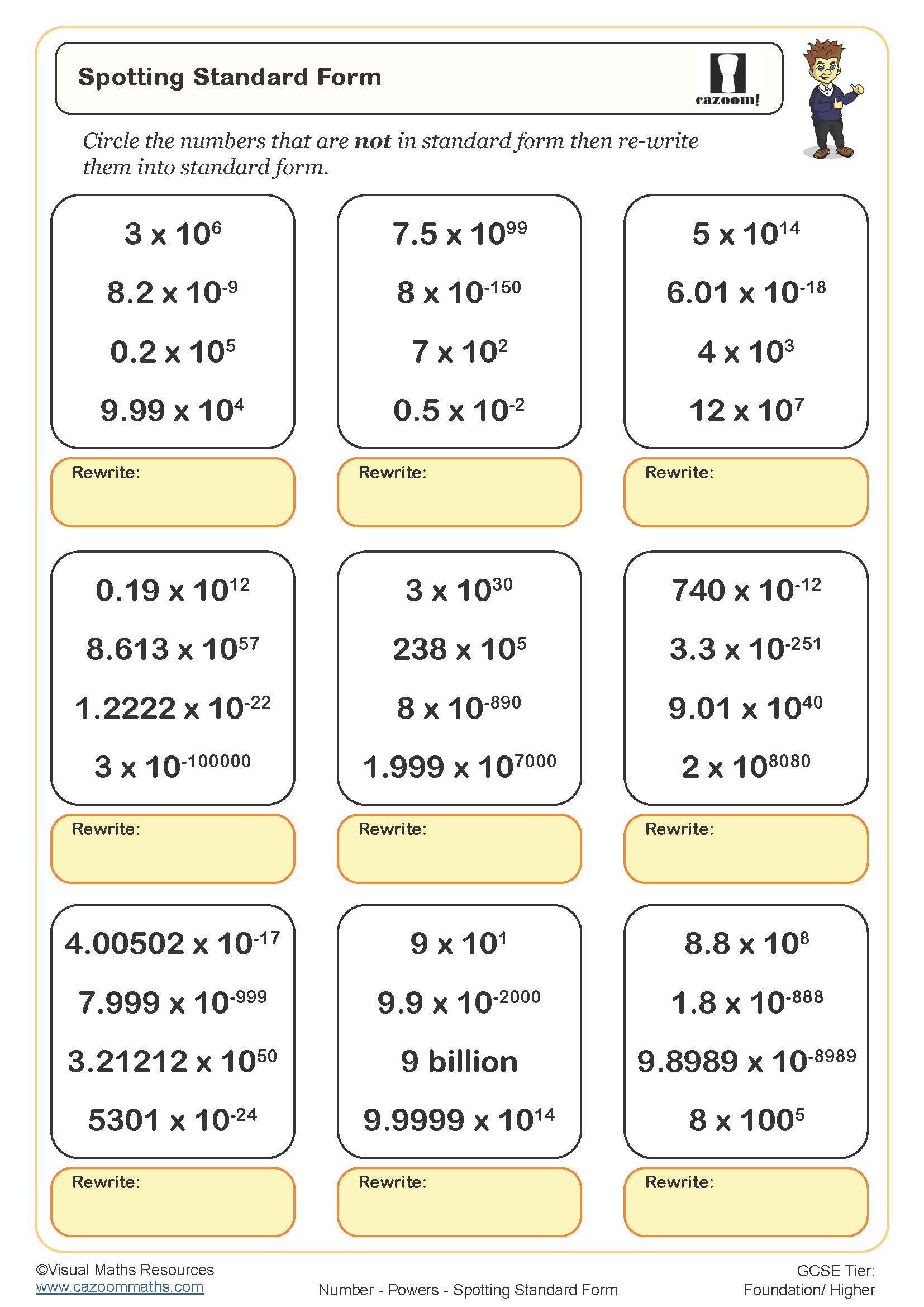 Recognising Standard Form Worksheet | Cazoom Maths Worksheets