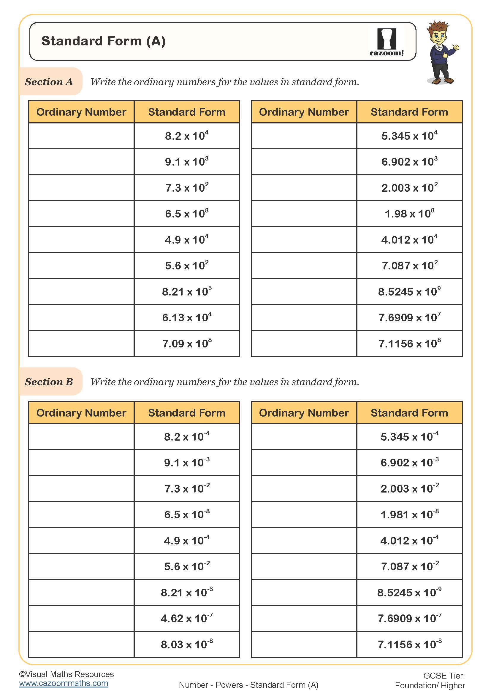 Standard Form Problem Solving Worksheet | Printable Maths Worksheets