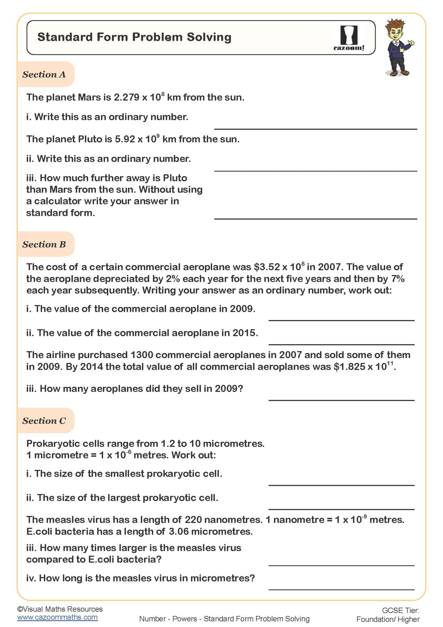 Standard Form Problem Solving Worksheet | Printable Maths Worksheets