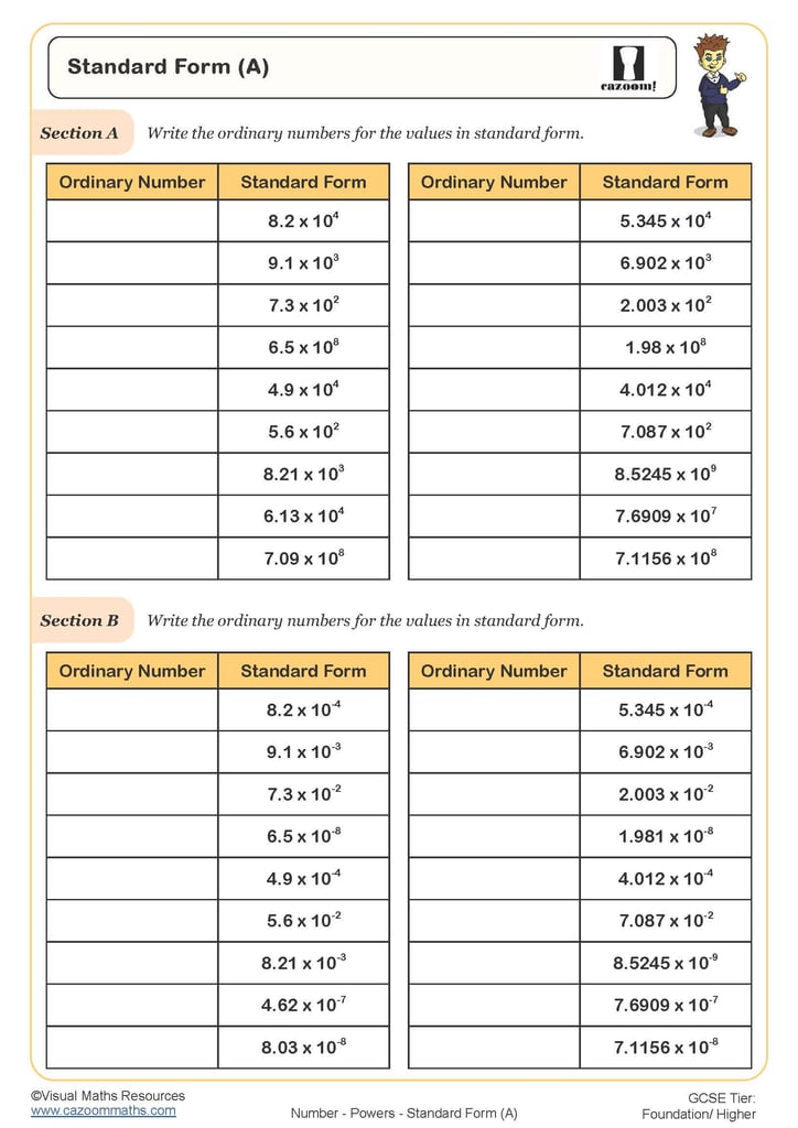 Standard Form Problem Solving Worksheet | Printable Maths Worksheets