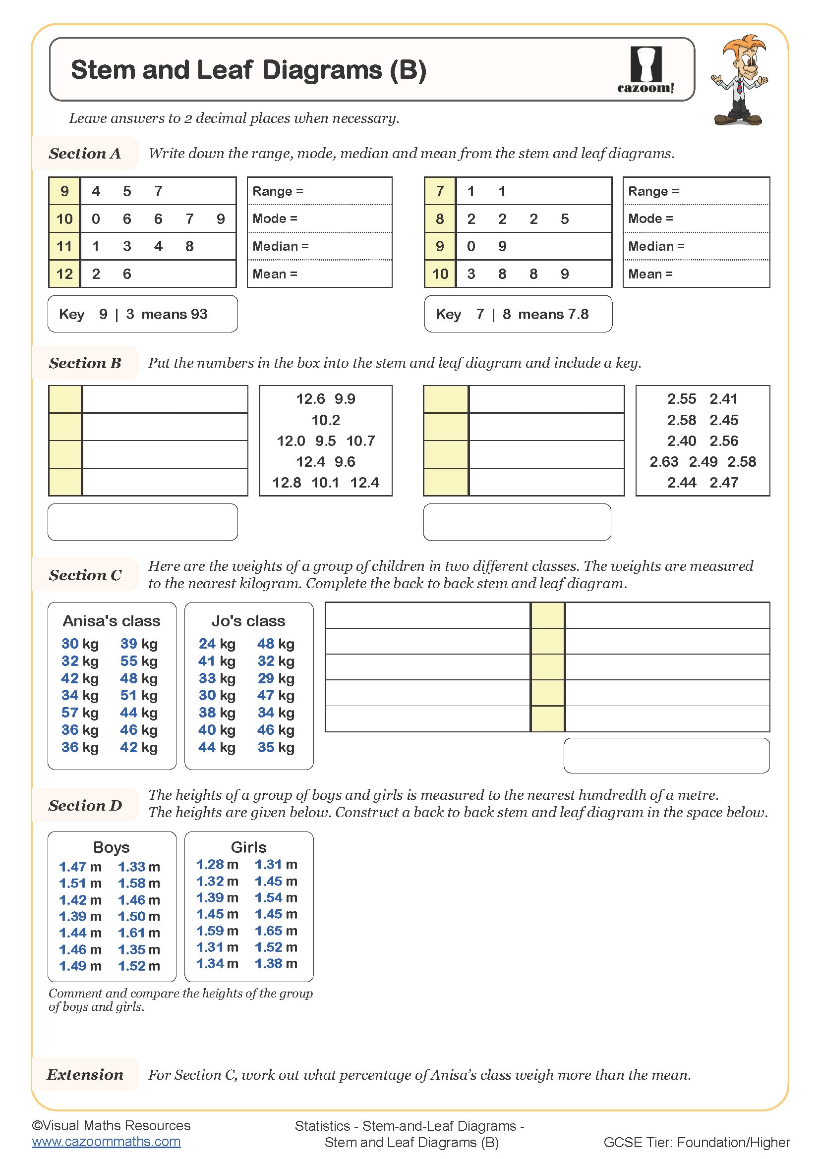 Stem and Leaf Diagrams (B) Worksheet | Printable PDF Worksheets