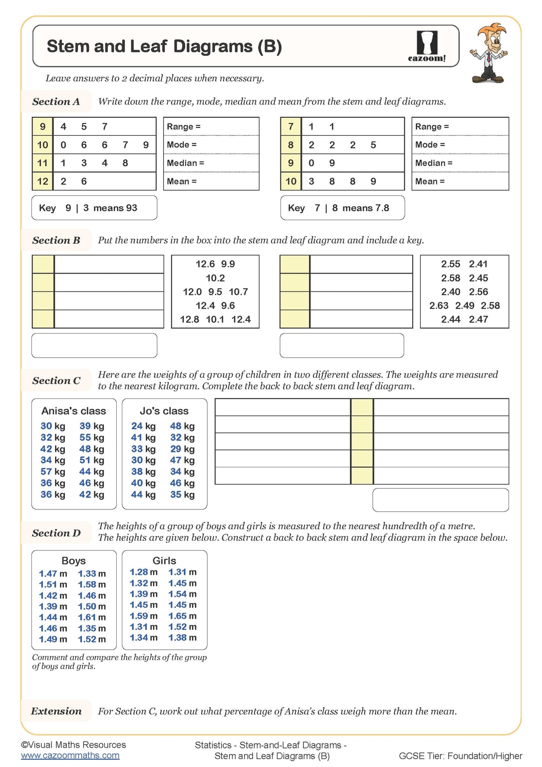 Stem and Leaf Word Problems Worksheet | Cazoom Maths Worksheets
