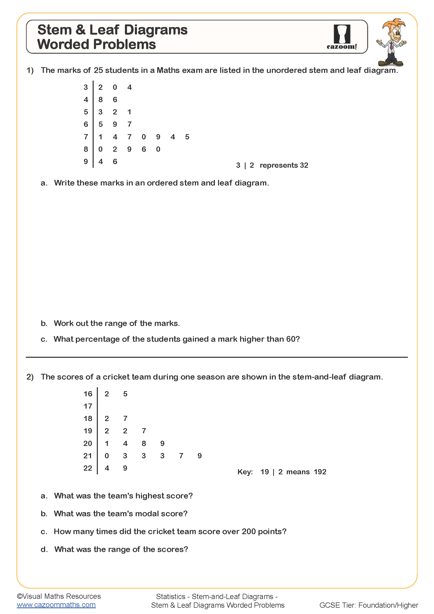 Stem and Leaf Word Problems Worksheet | Cazoom Maths Worksheets