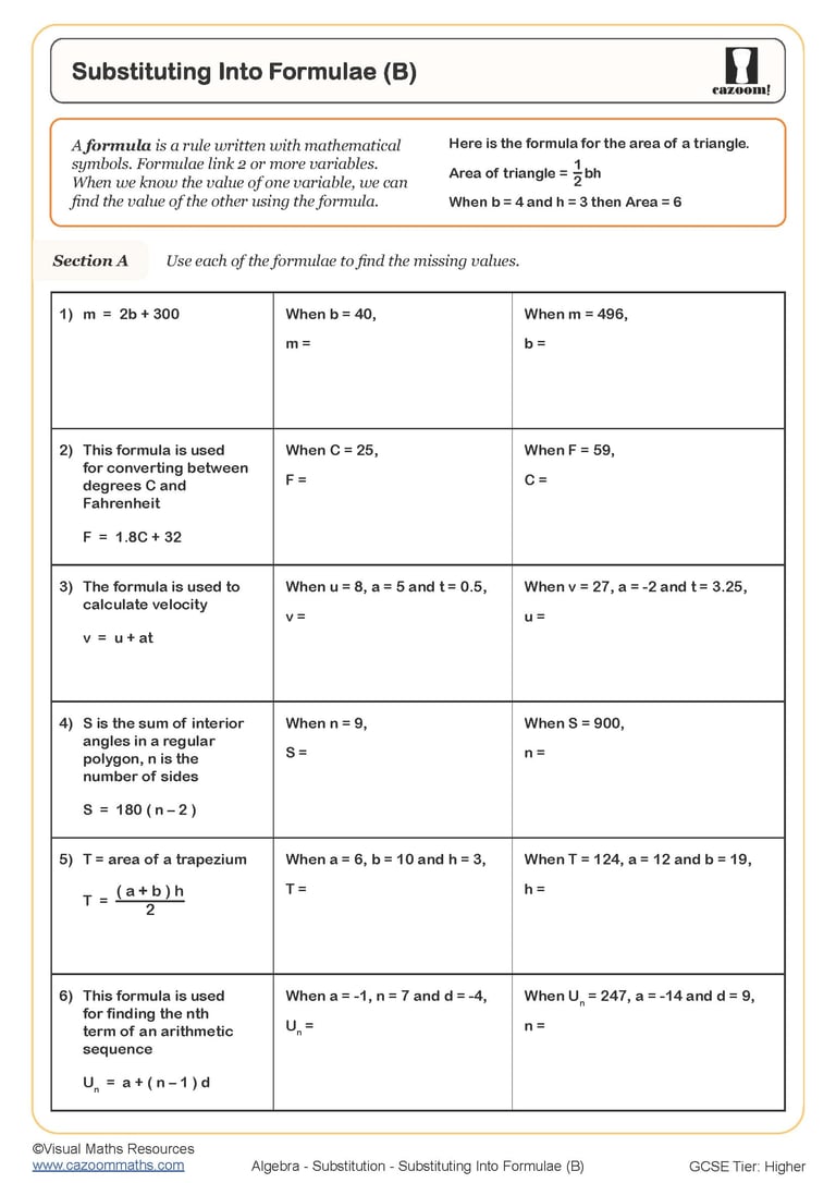 Substituting into Expressions (A) Worksheet | Printable Maths Worksheets