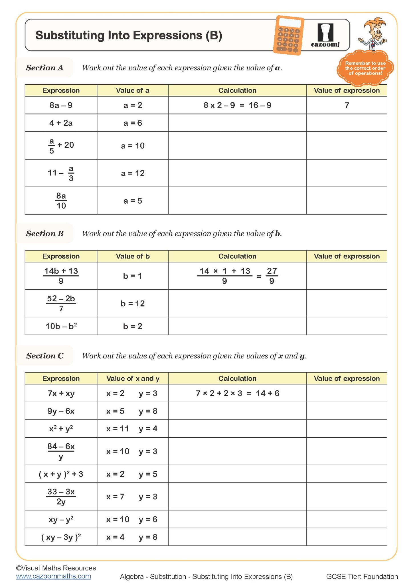 Substituting into Expressions (B) Worksheet | Printable PDF Worksheets