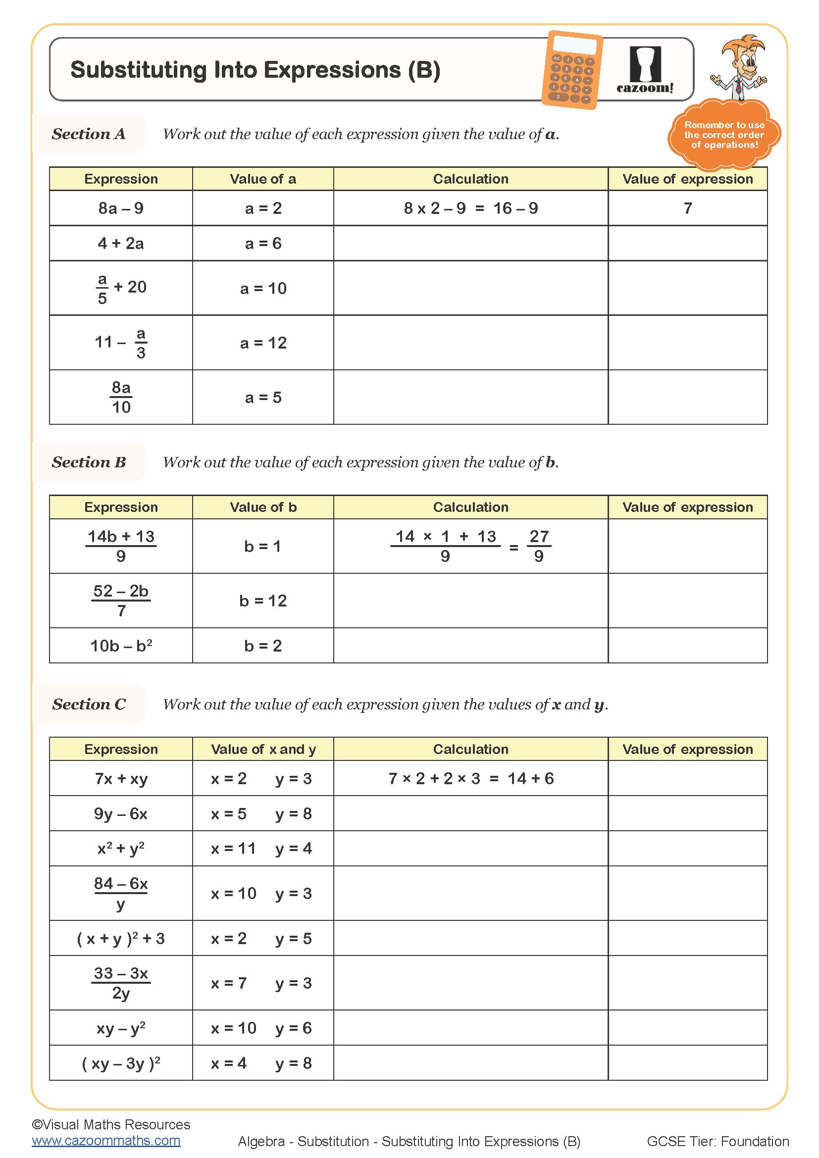 Substituting into Expressions (B) Worksheet | Printable PDF Worksheets