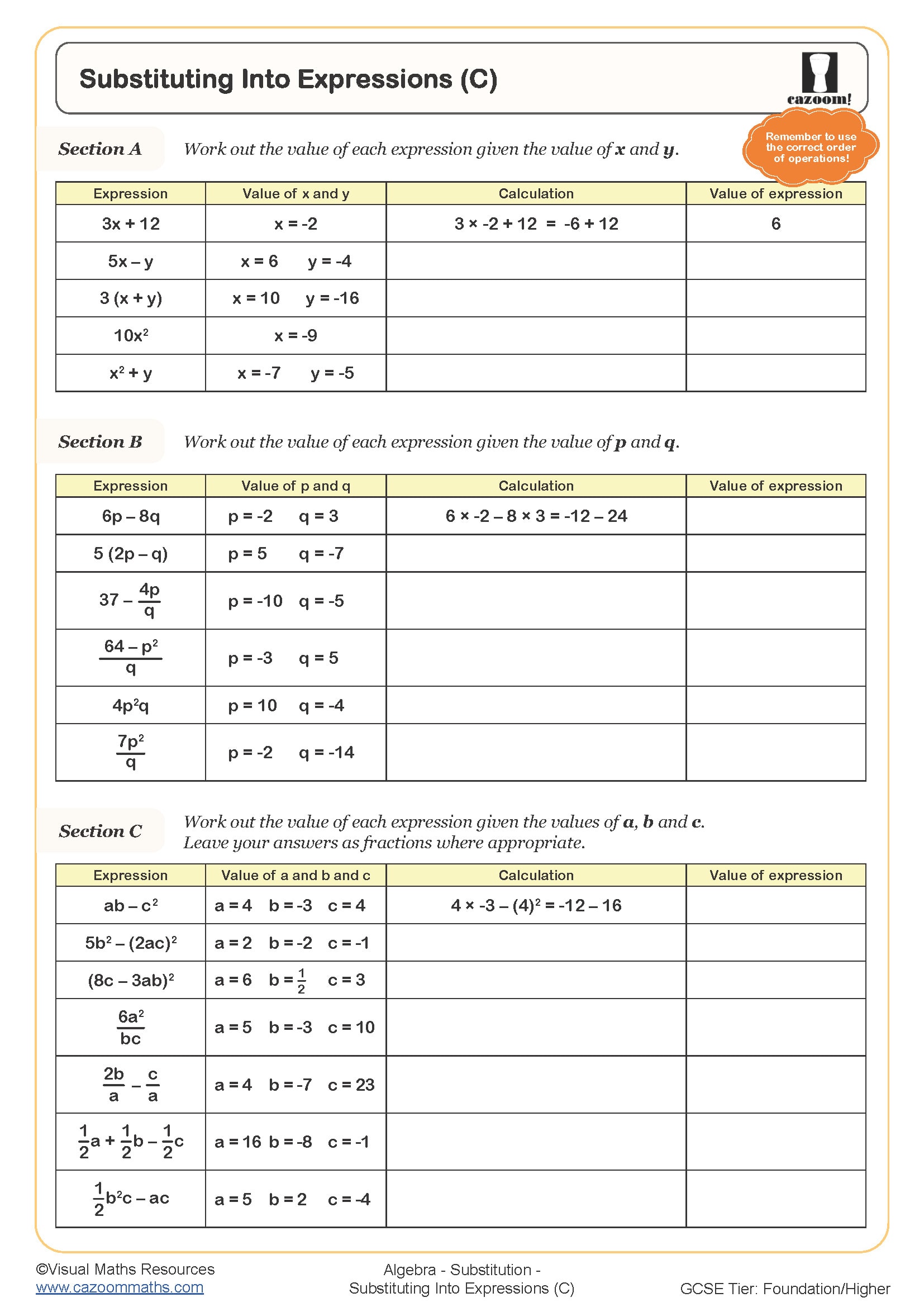 Substituting into Formulae (B) Worksheet | Cazoom Maths Worksheets