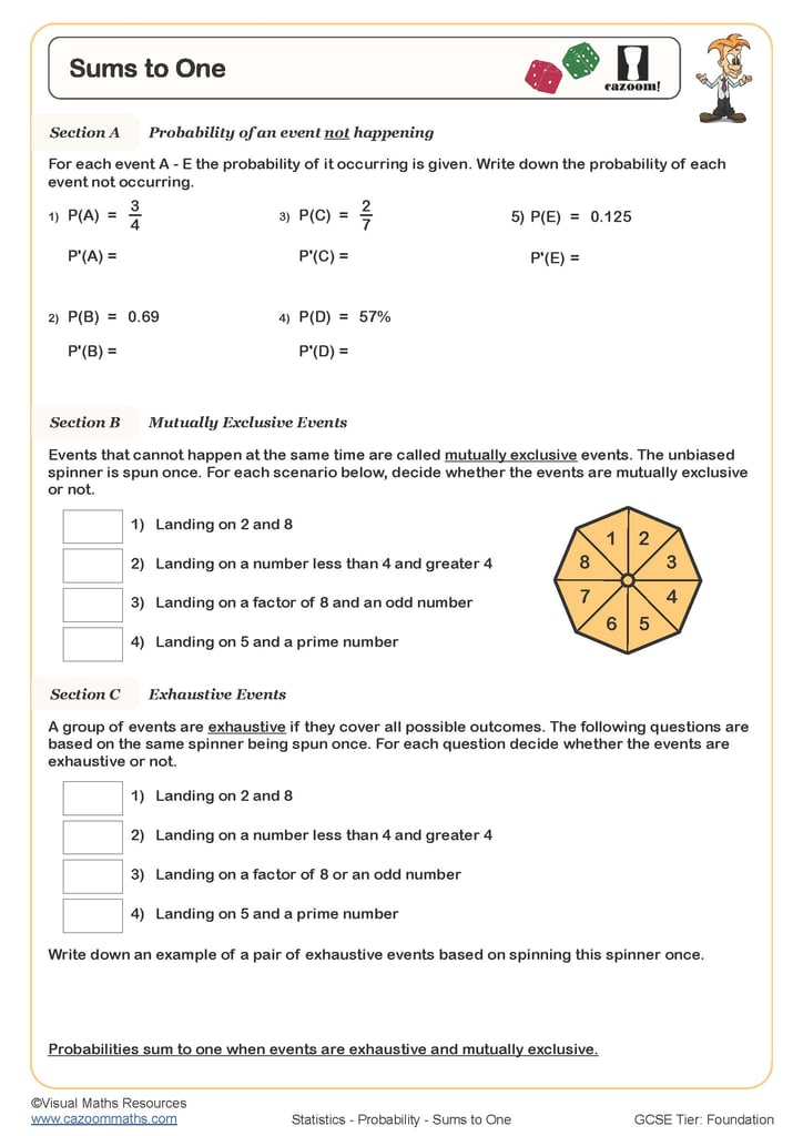 Sums to One Worksheet | Cazoom Maths Worksheets
