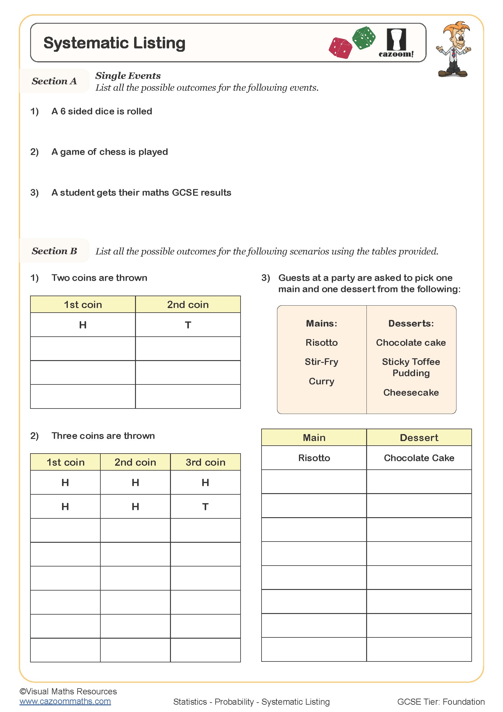 Sample Space Diagrams Worksheet | Cazoom Maths Worksheets
