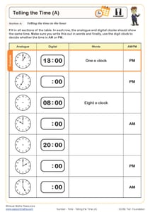 Telling the Time (A) Worksheet | Printable Maths Worksheets