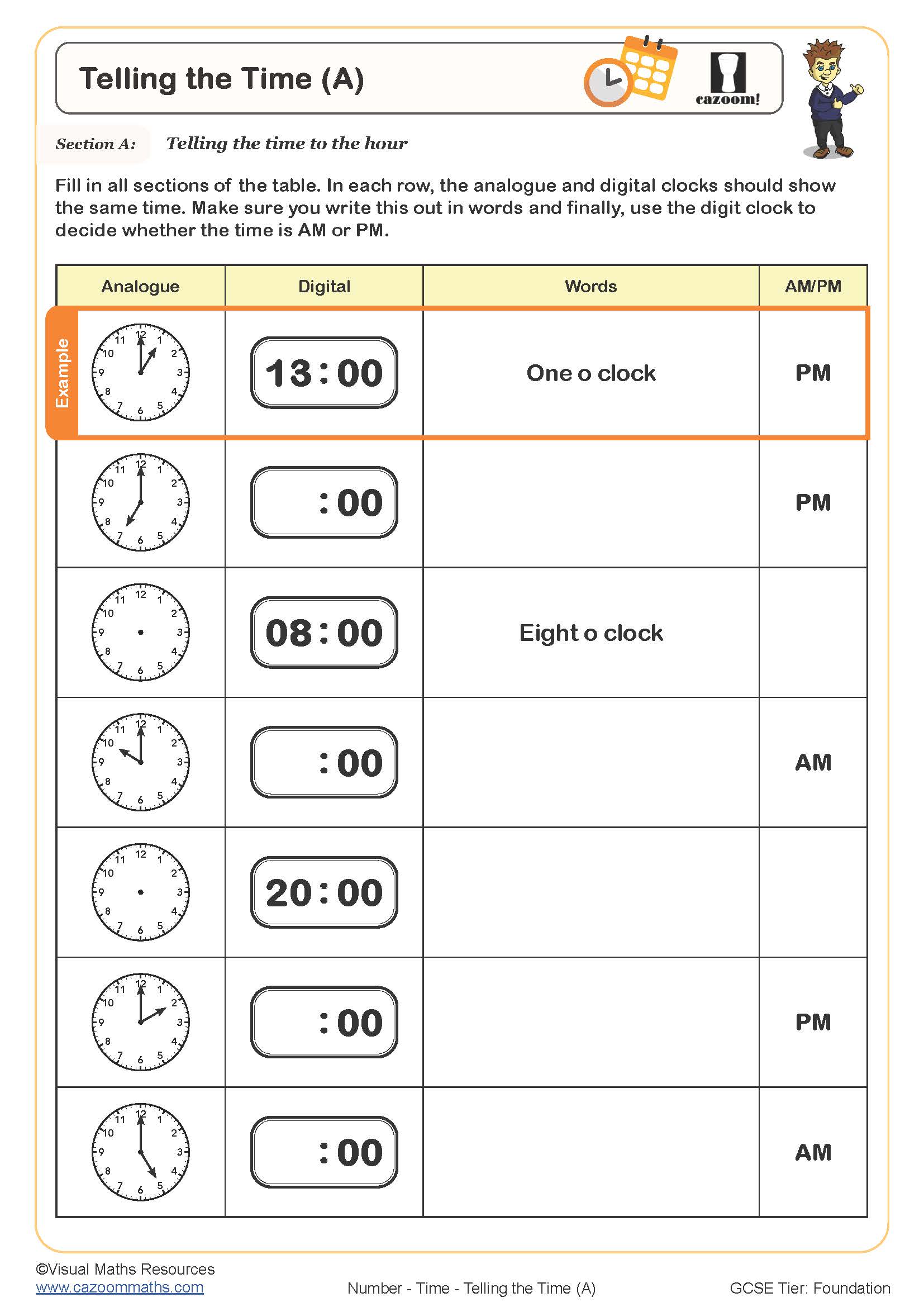 Telling the Time (A) Worksheet | Printable Maths Worksheets