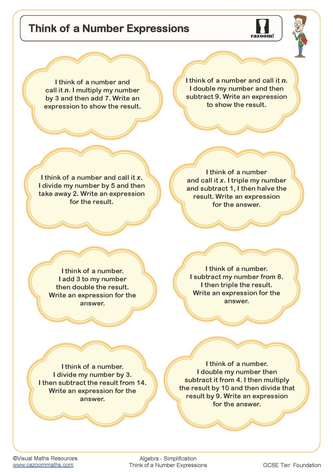 Think of A Number Expressions Worksheet | Cazoom Maths Worksheets