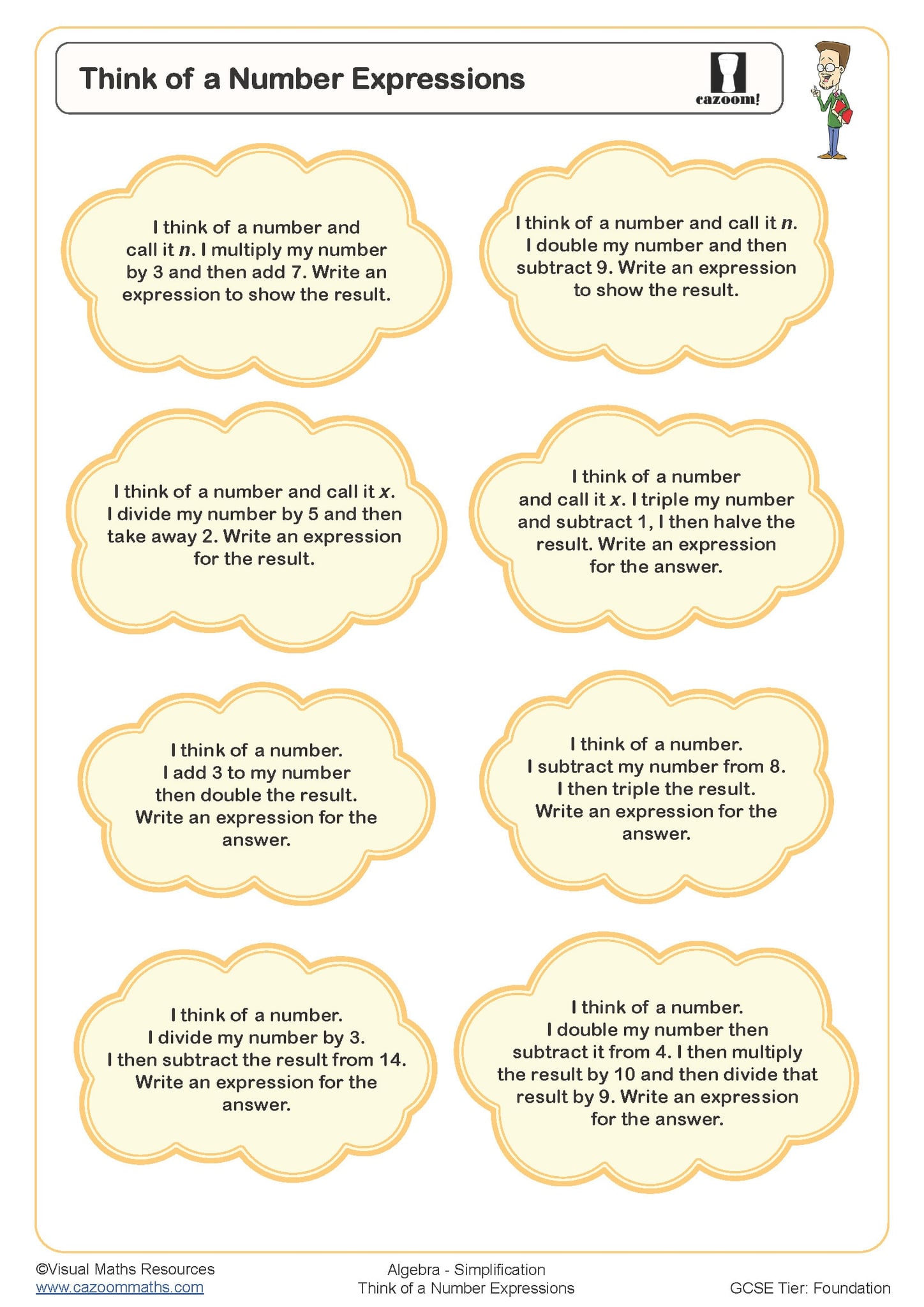Think of A Number Expressions Worksheet | Cazoom Maths Worksheets