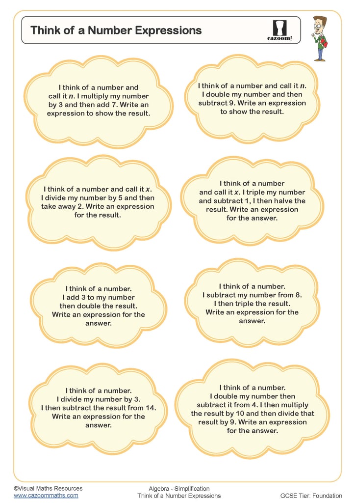 Think of A Number Expressions Worksheet | Cazoom Maths Worksheets