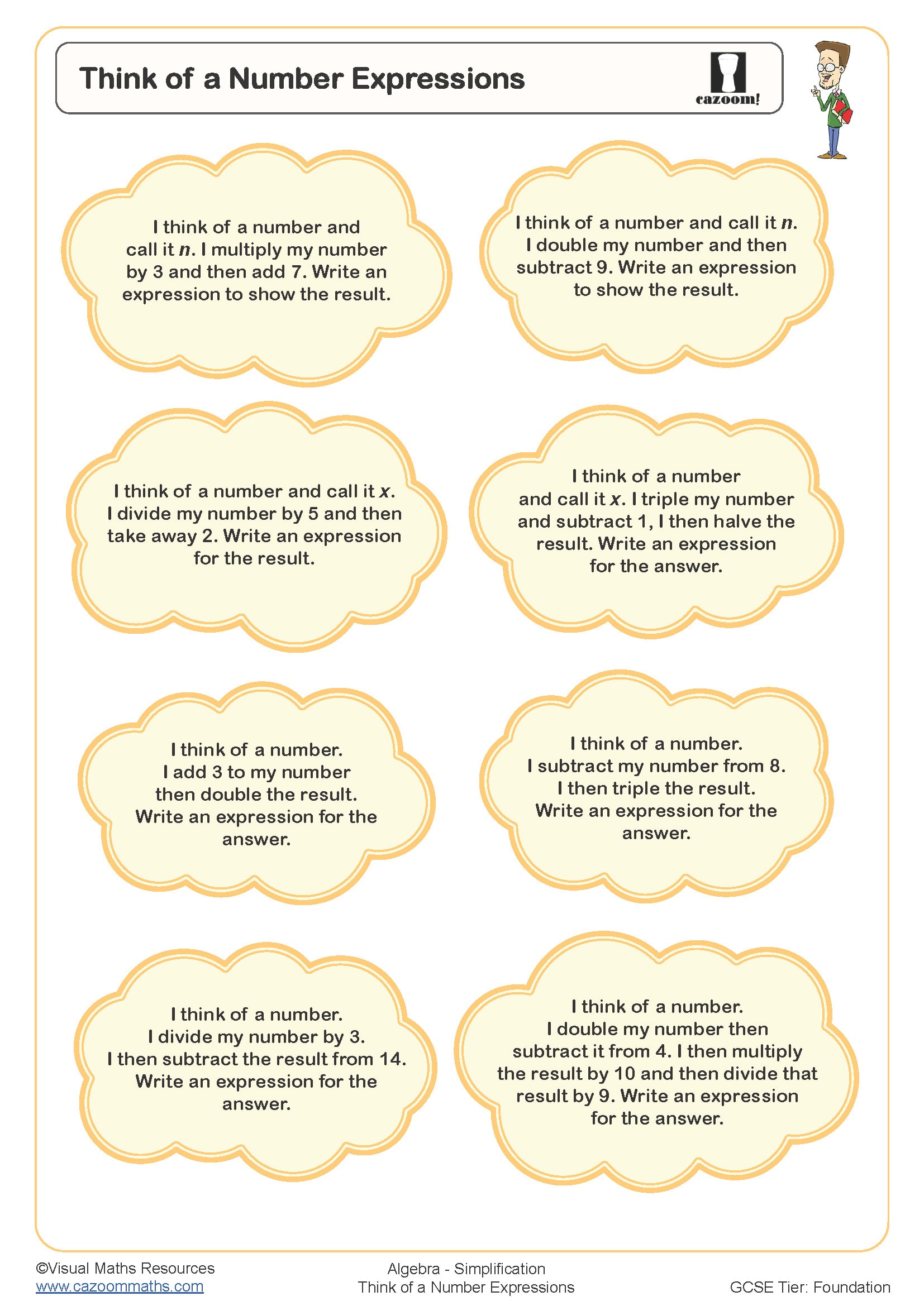 Think of A Number Expressions Worksheet | Cazoom Maths Worksheets