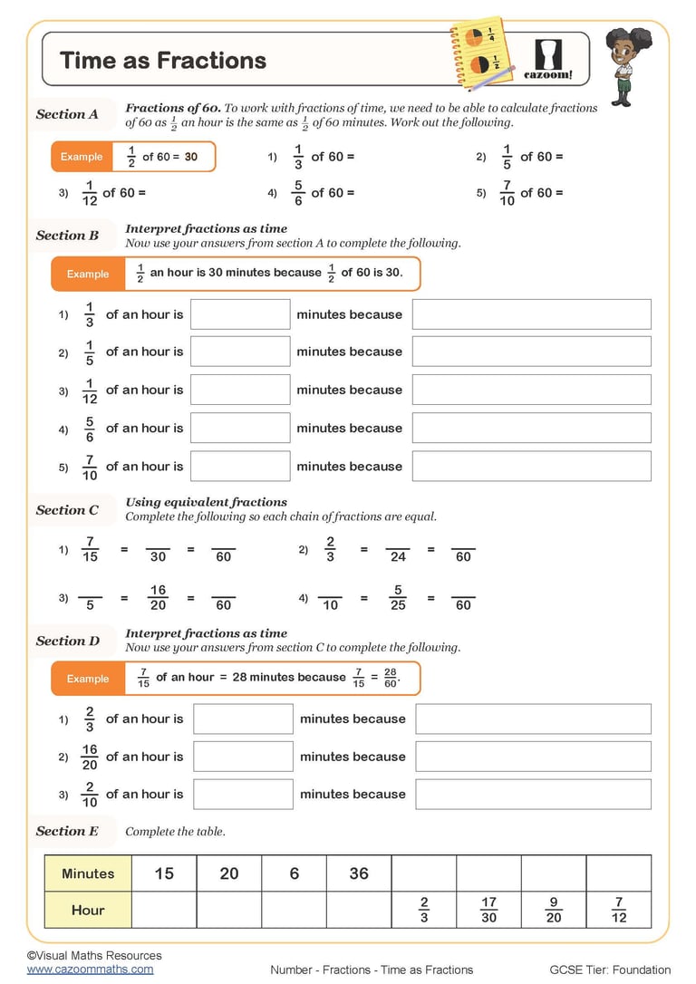 Time as Fractions Worksheet | Printable PDF Worksheets