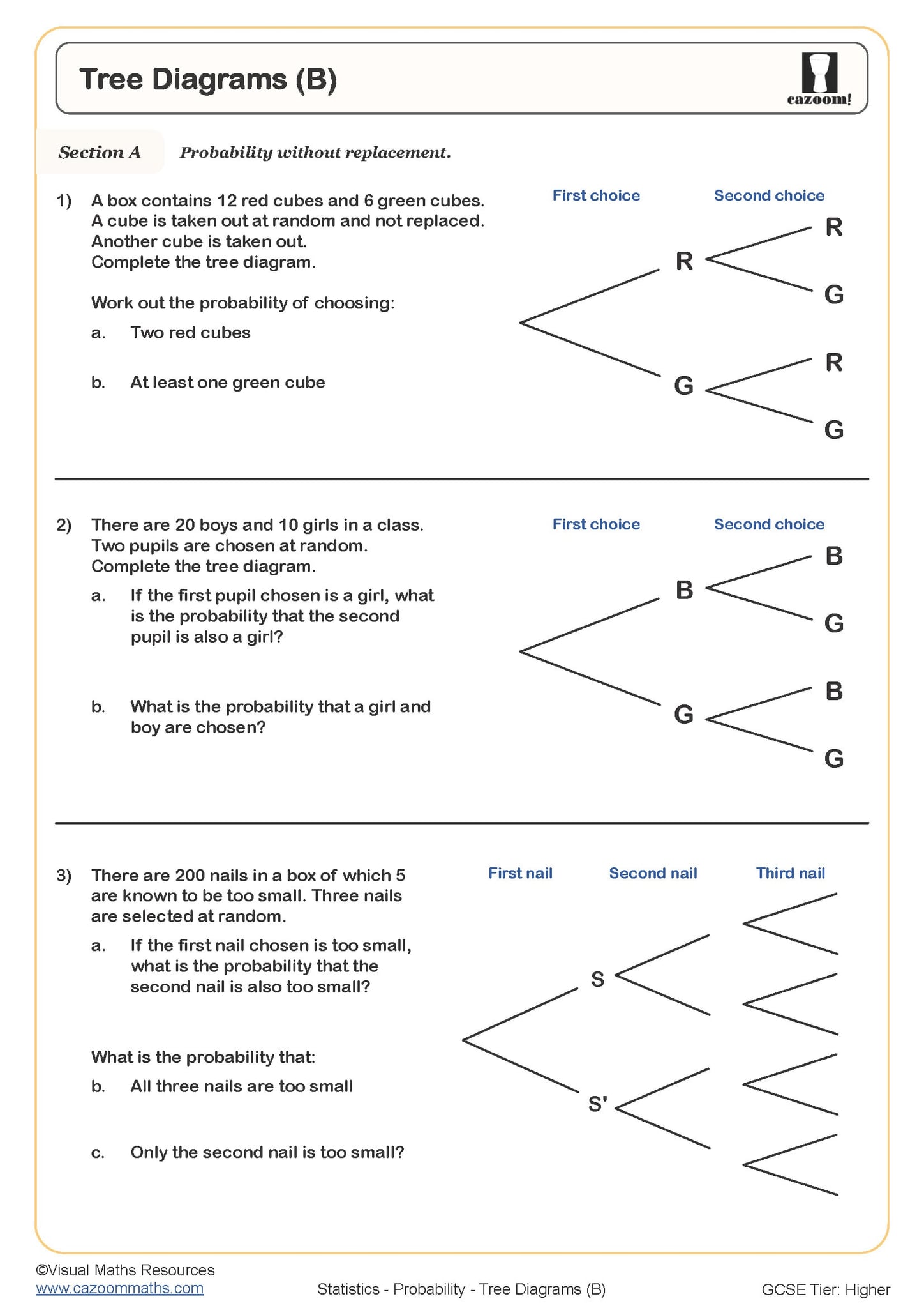Tree Diagrams (A) Worksheet | Printable Maths Worksheets