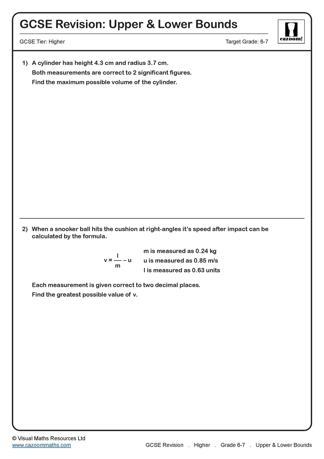 Upper and Lower Bounds | Cazoom Maths Worksheets