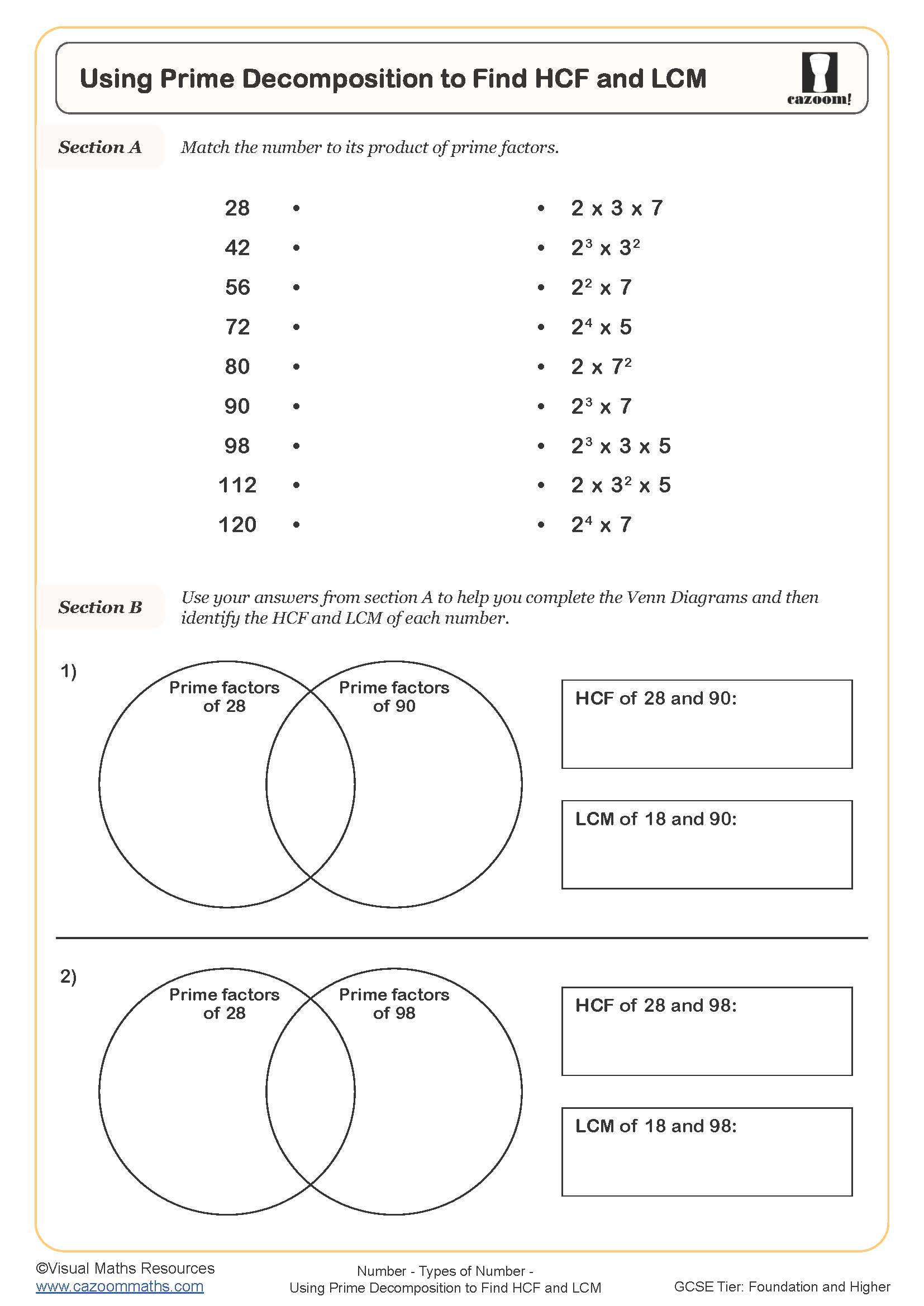 Using Prime Decomposition to Find HCF and LCM (A) Worksheet | Cazoom ...