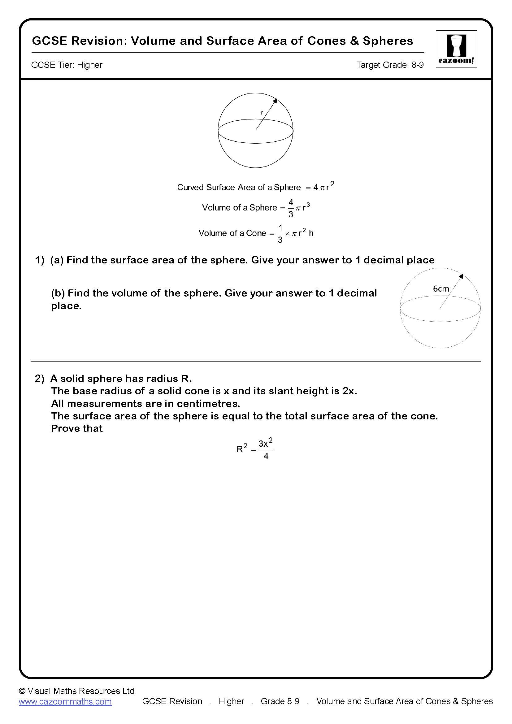 Volume and Surface Area of Cones & Spheres GCSE Questions | GCSE ...