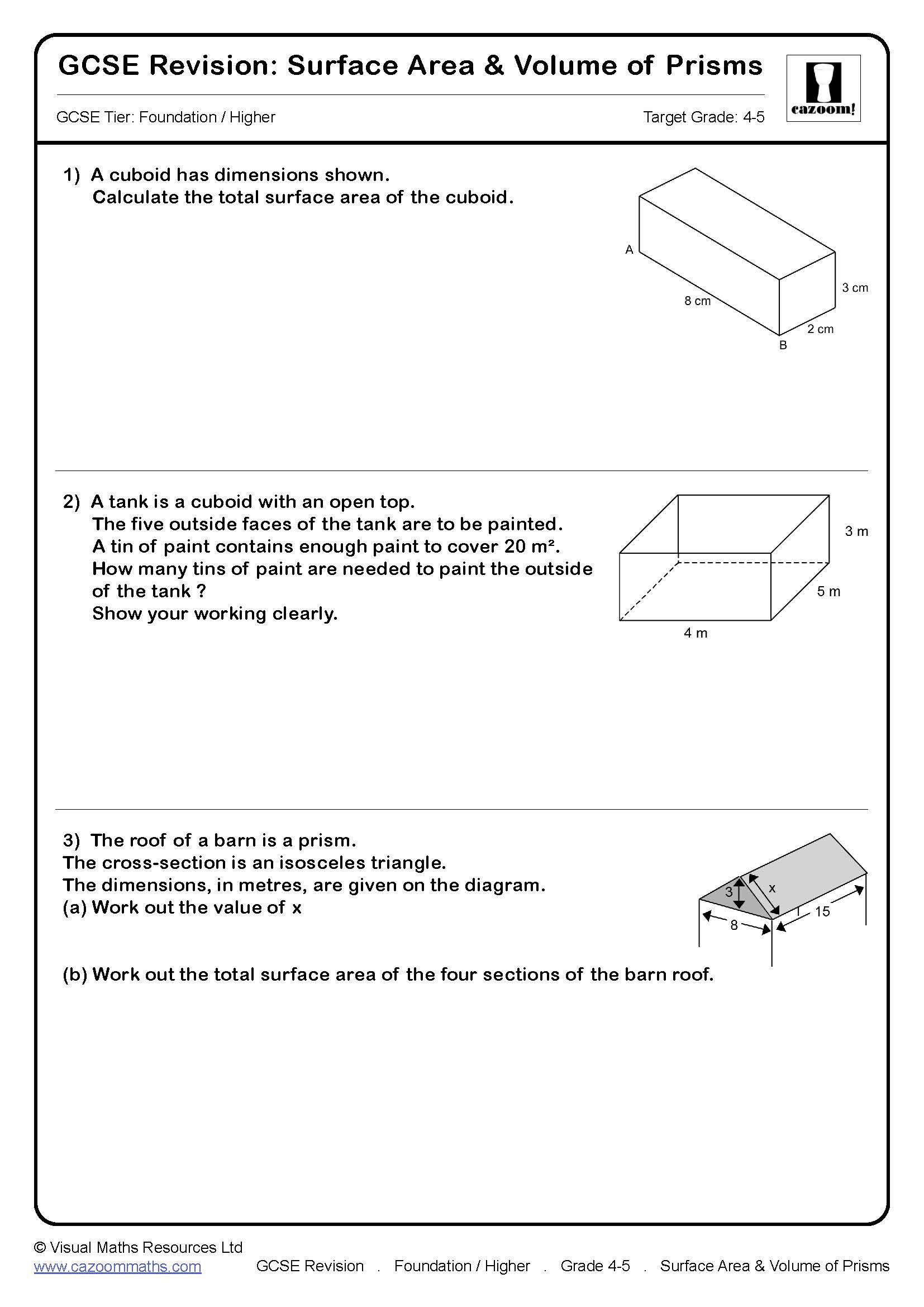 Surface Area & Volume of Prisms GCSE Questions | GCSE Revision Questions