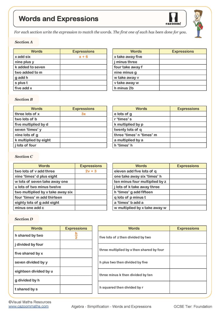 Words and Expressions Worksheet | Printable Maths Worksheets