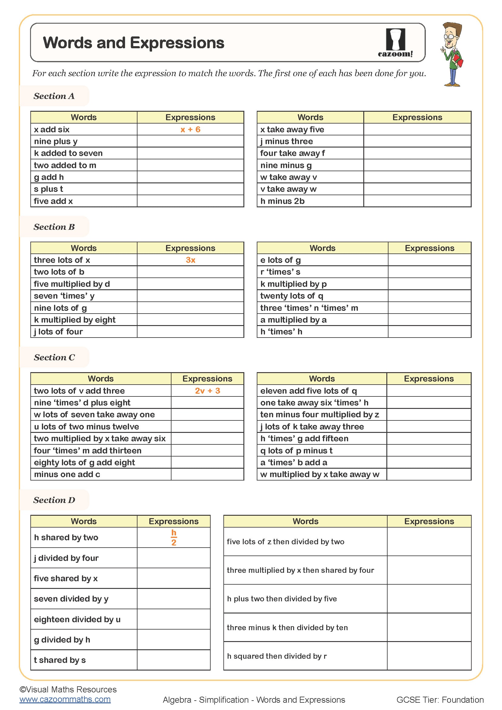 Words and Expressions Worksheet | Printable Maths Worksheets