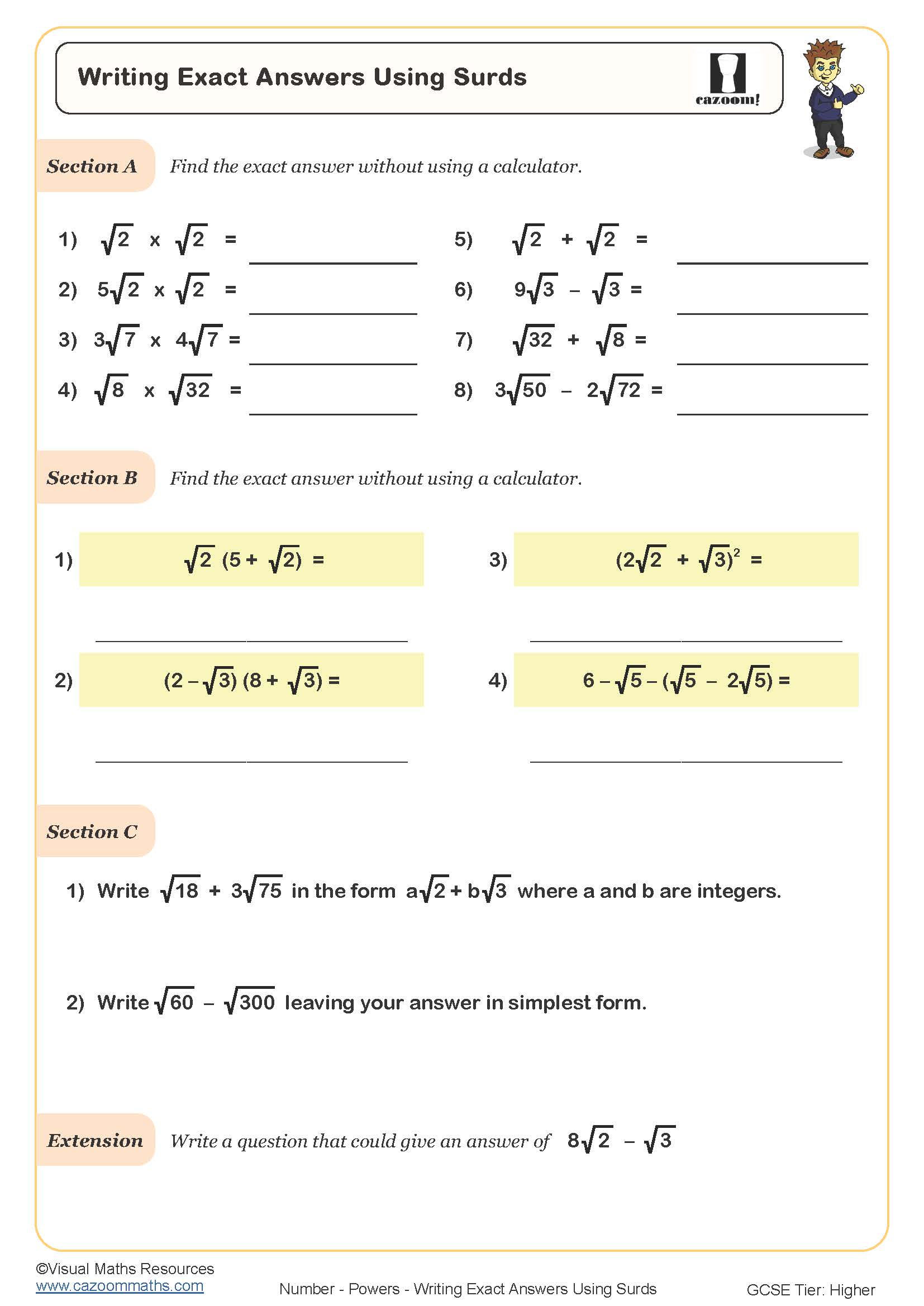 Fractional Indices Worksheet | Cazoom Maths Worksheets
