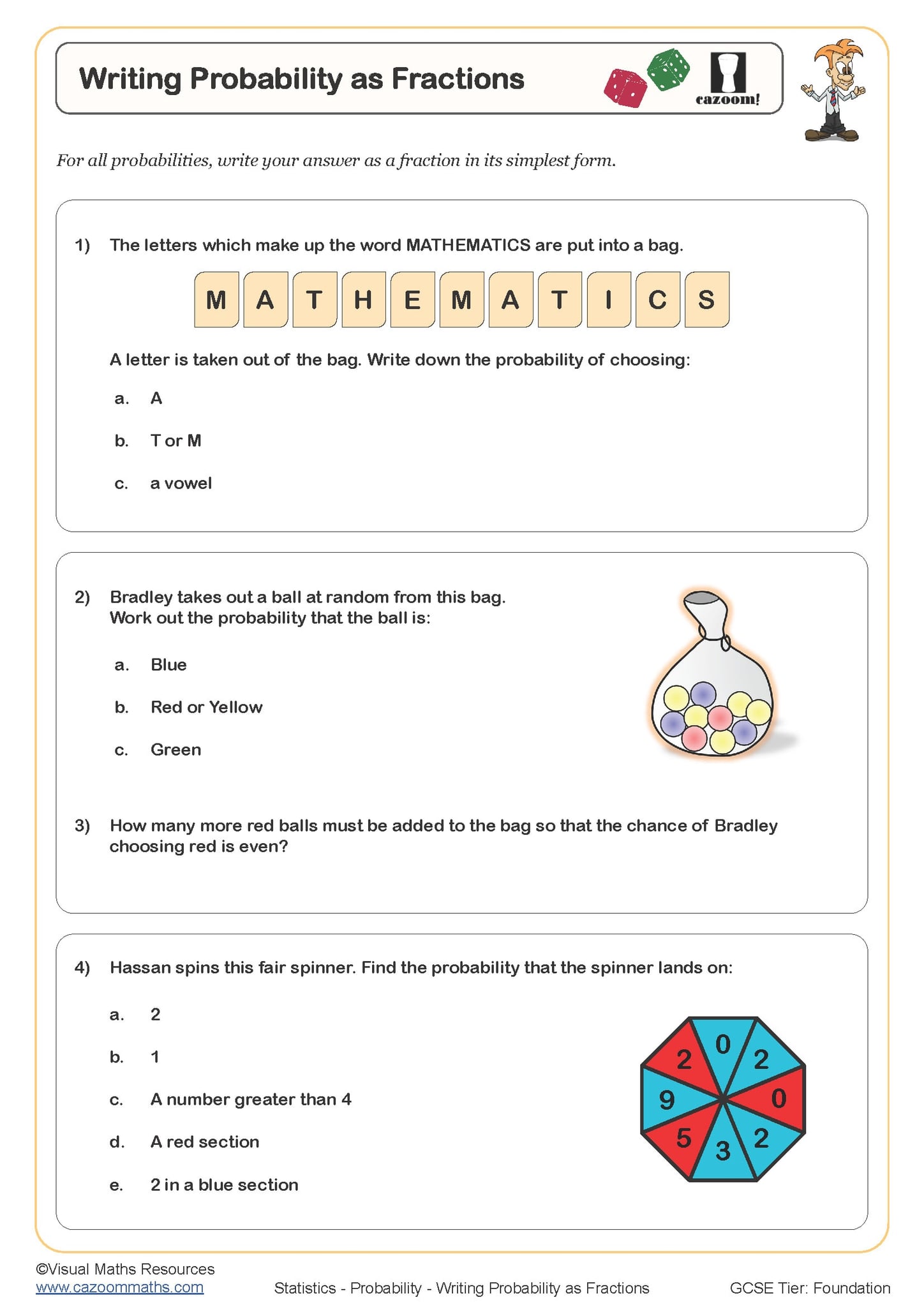 Writing Probabilty as Fractions Worksheet | Printable Maths Worksheets