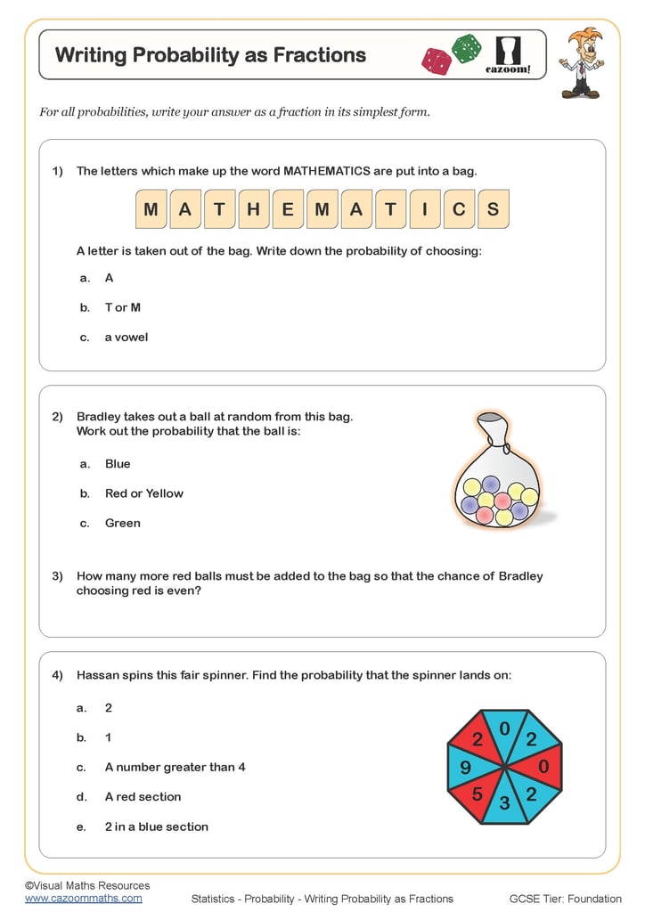 Writing Probabilty as Fractions Worksheet | Printable Maths Worksheets