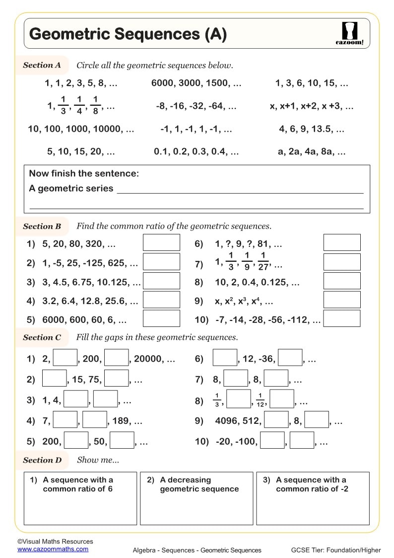 KS4 Sequences Worksheets | PDF Printable Worksheets
