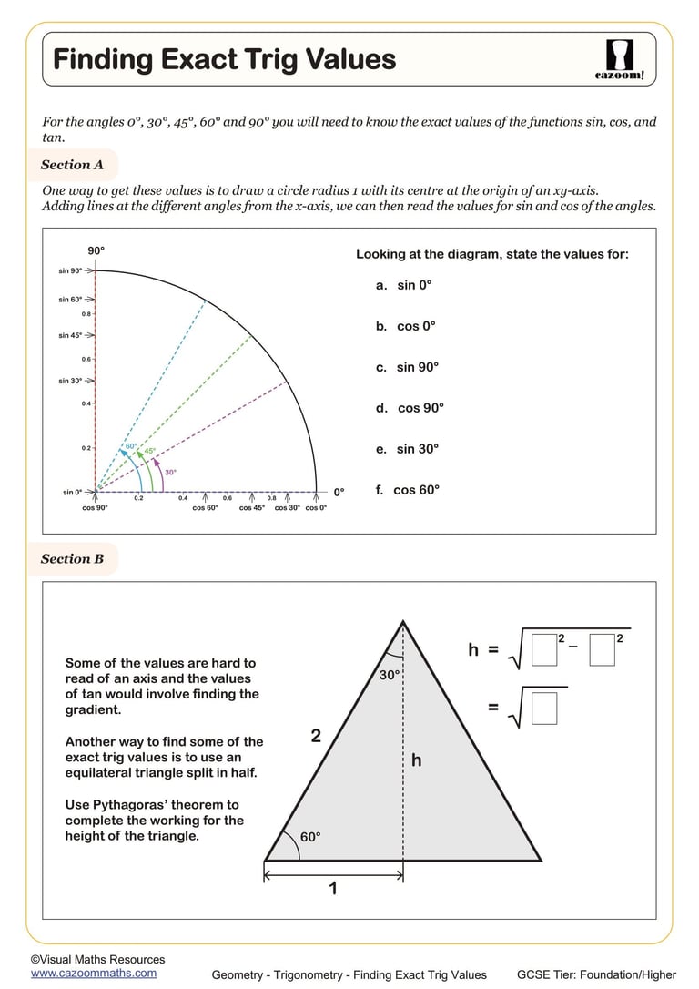 Finding Exact Trig Values Worksheet | Printable Maths Worksheets