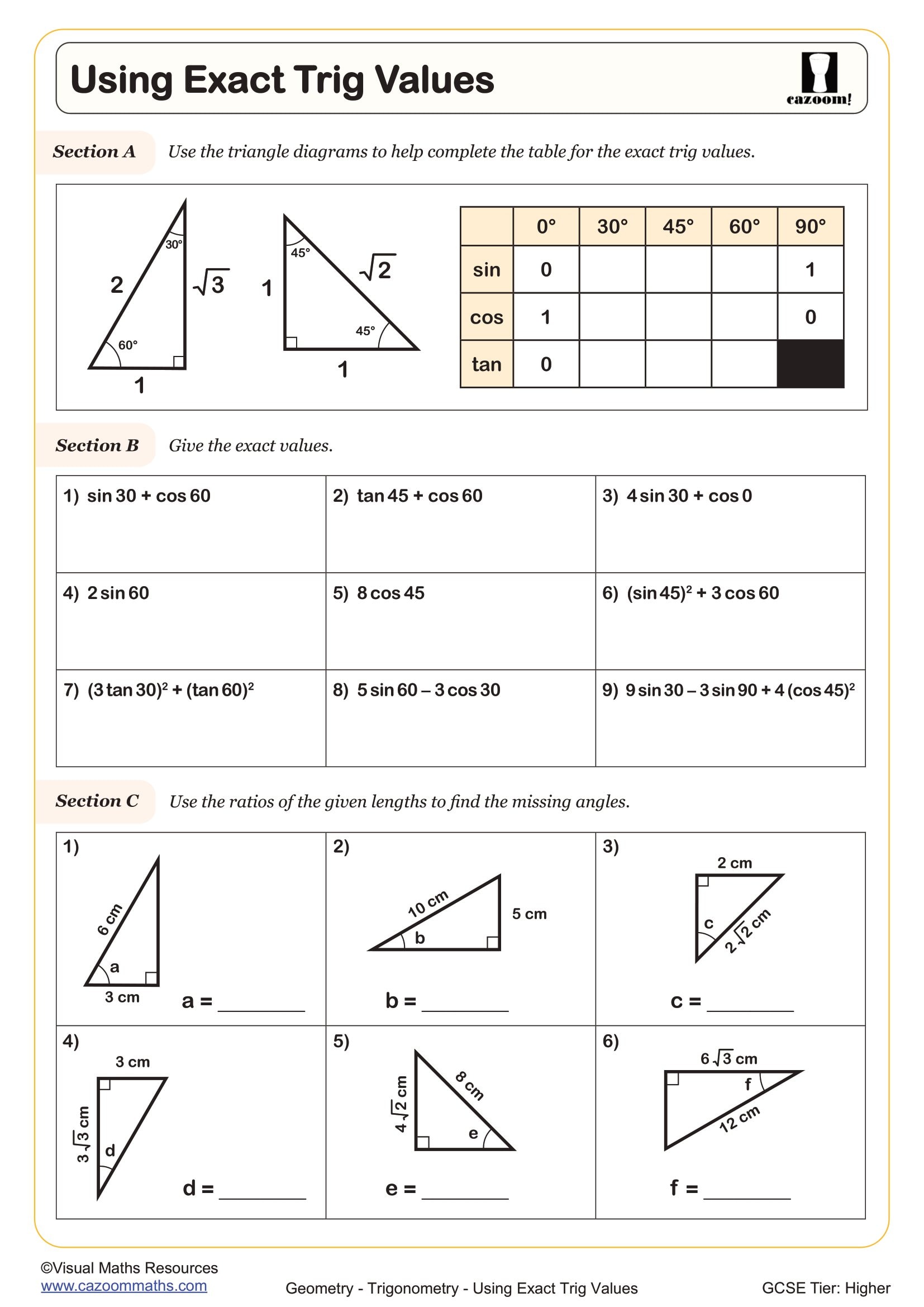 Using Exact Trig Values Worksheet | Cazoom Maths Worksheets
