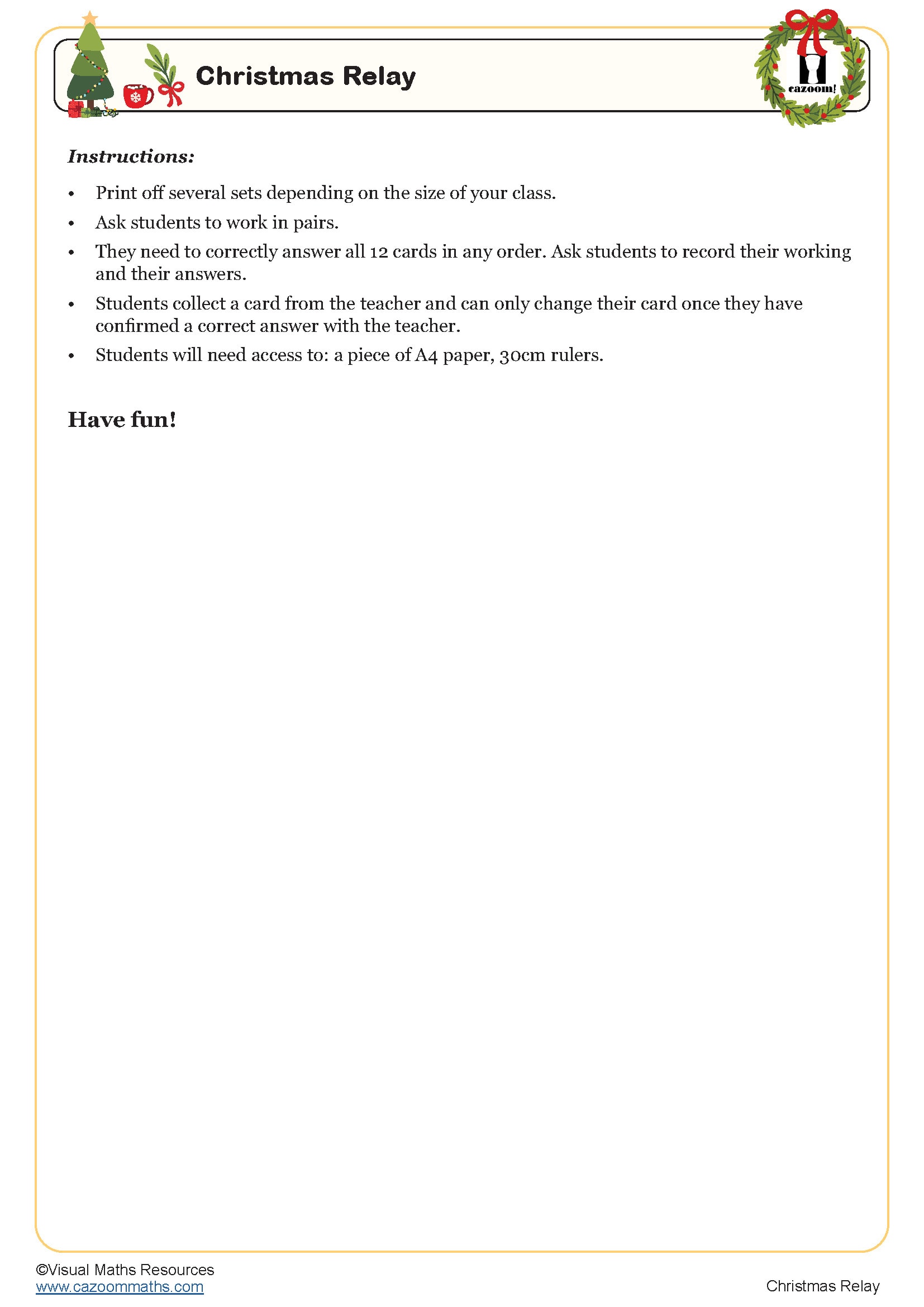 Christmas Relay Worksheet | Cazoom Maths Worksheets