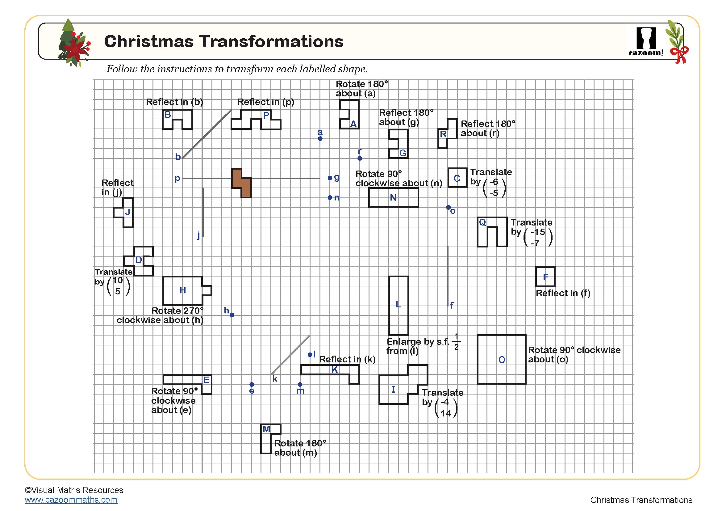 Christmas Transformations Worksheet | Cazoom Maths Worksheets