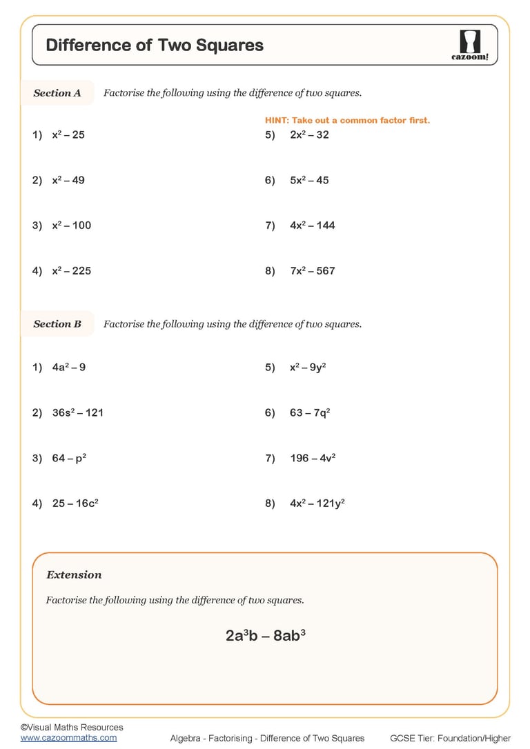 Difference of Two Squares Worksheet | Cazoom Maths Worksheets