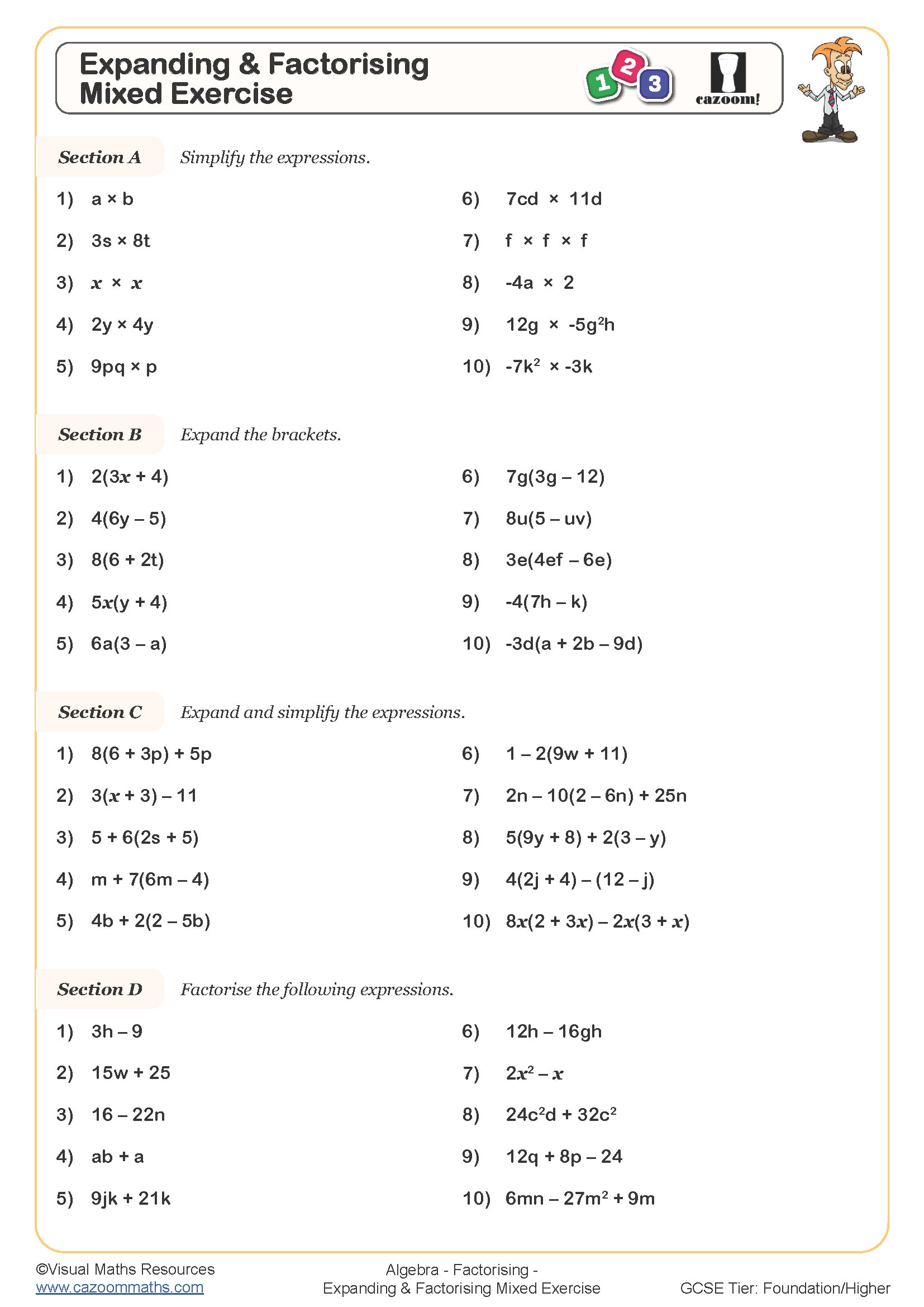 Expanding and Factorising Mixed Exercise Worksheet | Fun and Engaging PDF Worksheets