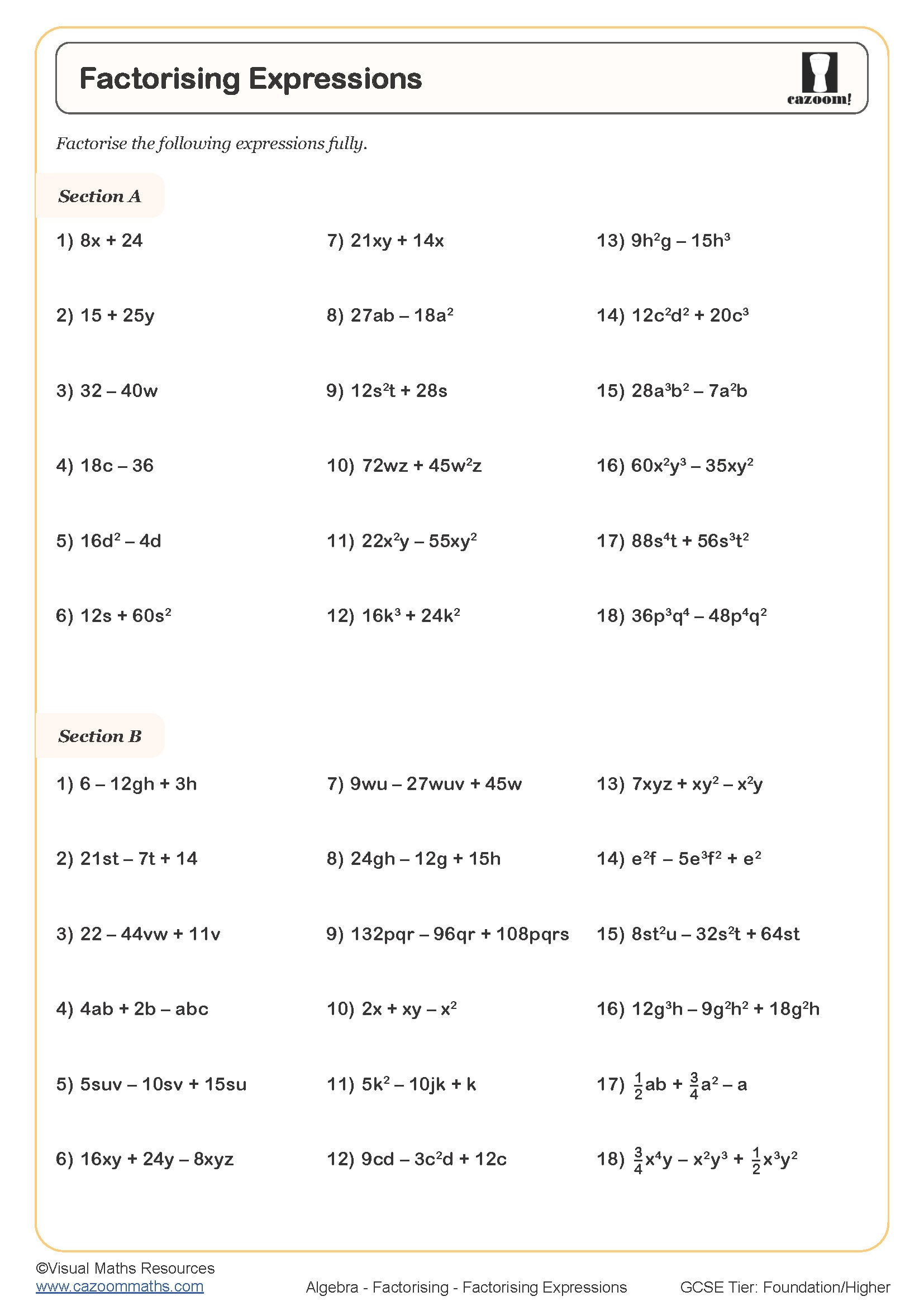 Year 10 Factorising Worksheets | PDF Printable Worksheets