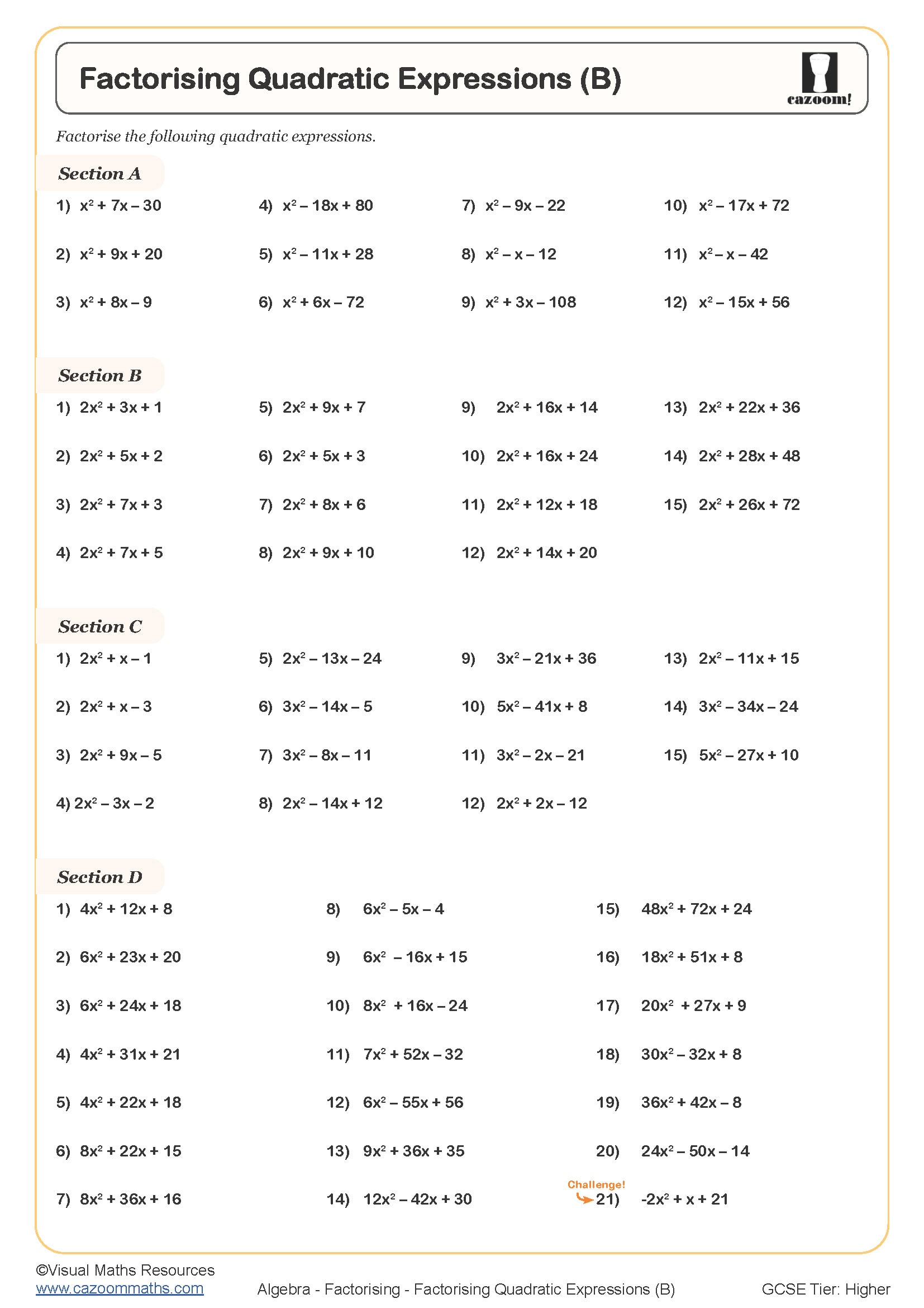 Factorising Quadratic Expressions (B) Worksheet | Cazoom Maths Worksheets