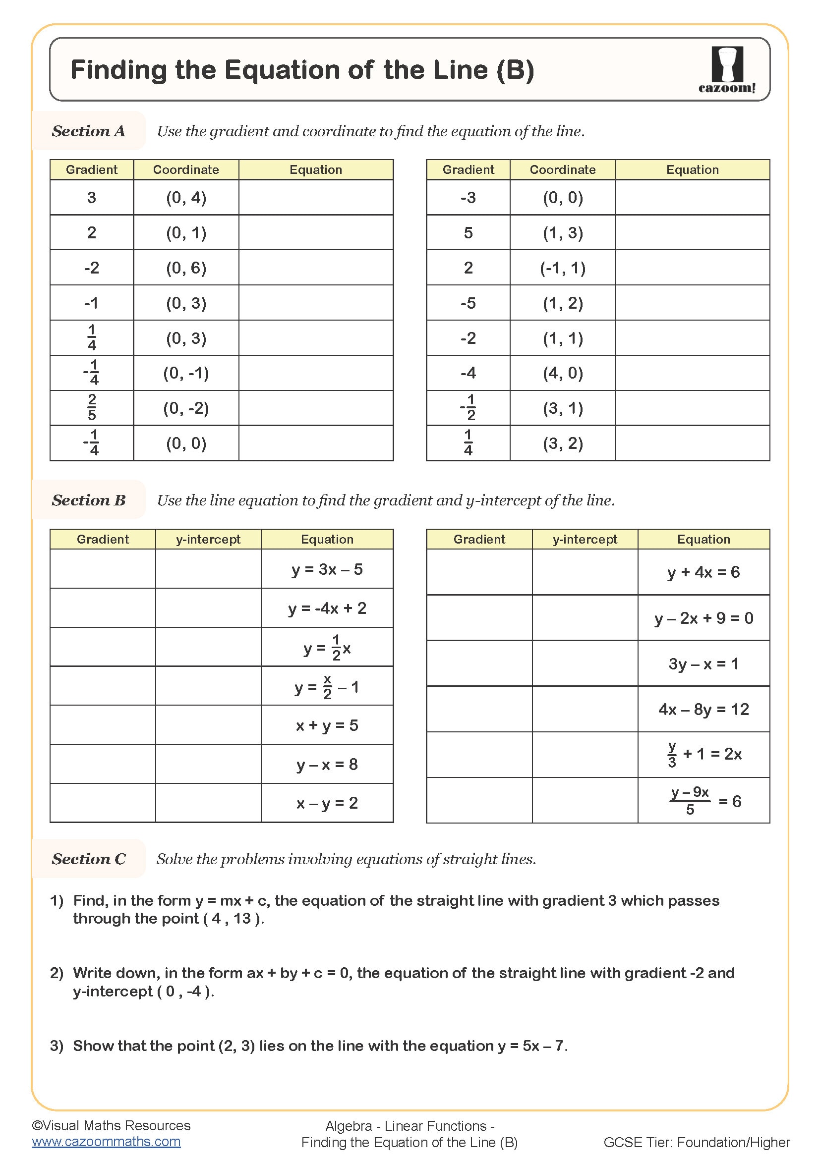 Finding the Equation of the Line (A) Worksheet | Cazoom Maths Worksheets
