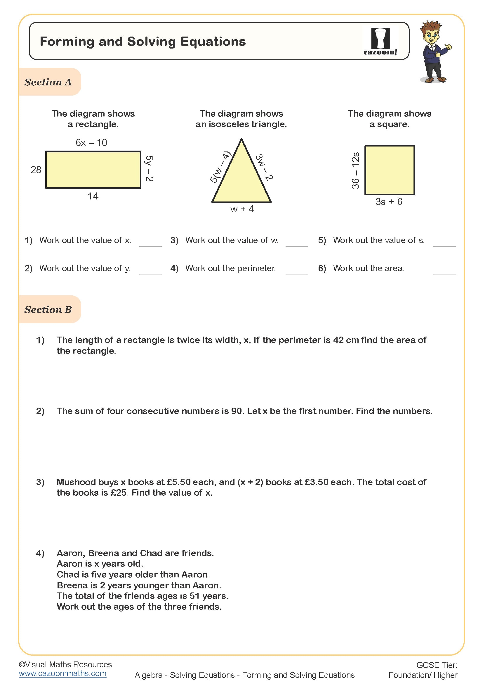 Solving Non-linear Simultaneous Equations Worksheet | Printable PDF ...