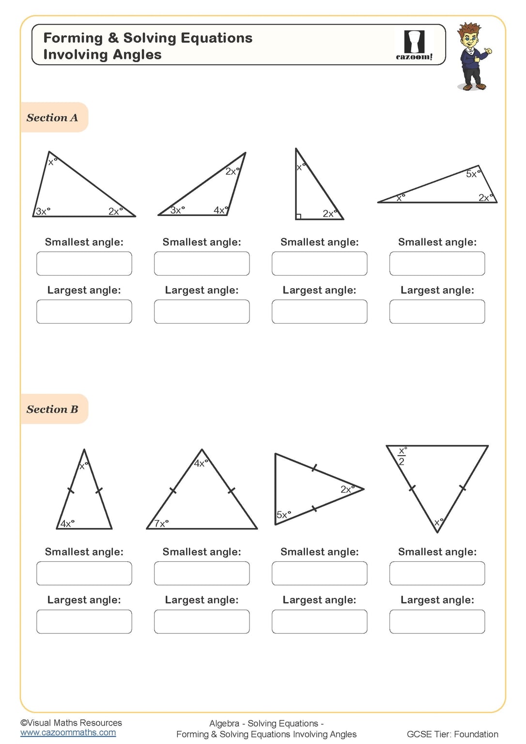 Forming and Solving Equations involving Angles Worksheet | Cazoom Maths ...