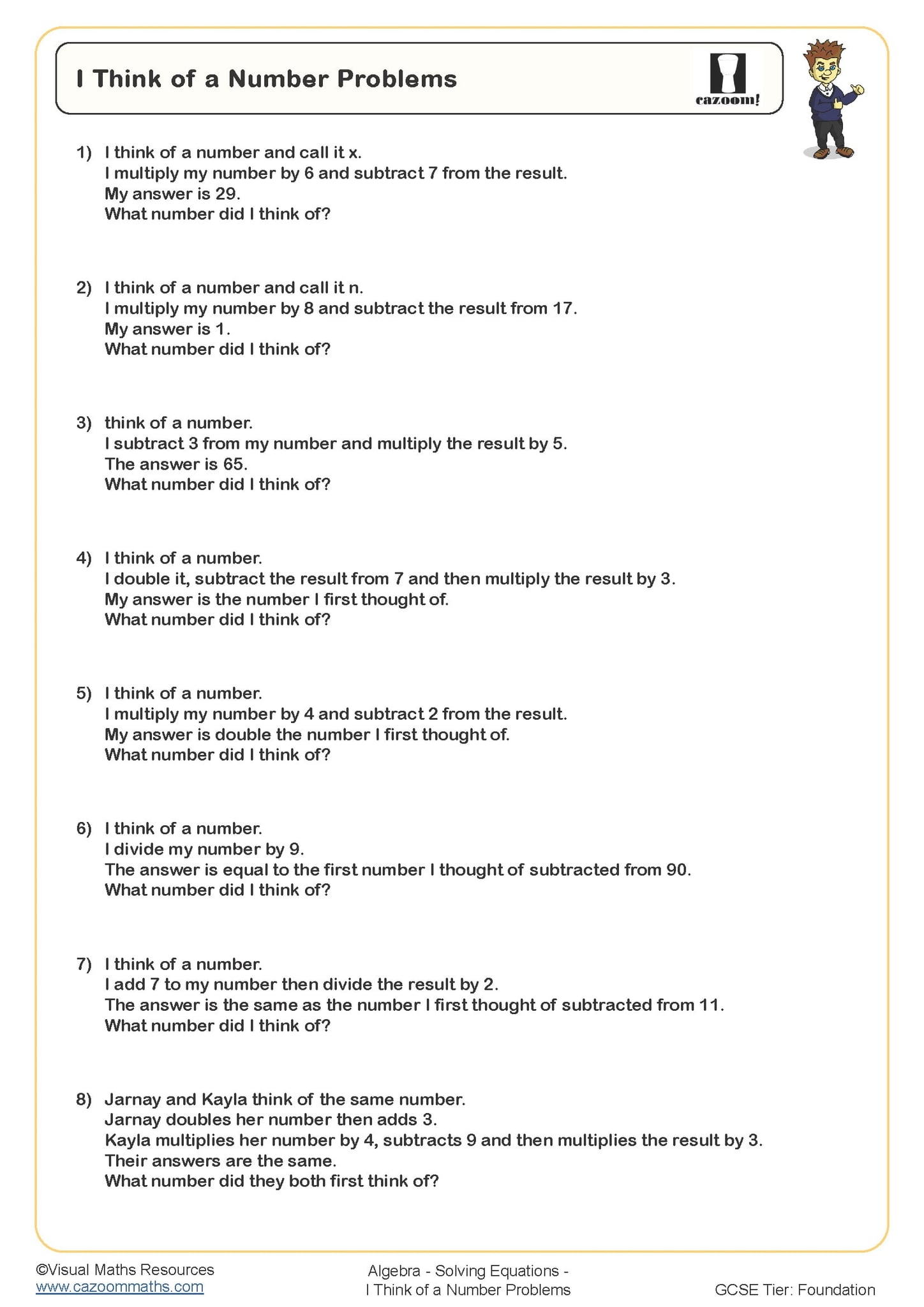 I Think of A Number Problems Worksheet | Printable PDF Worksheets