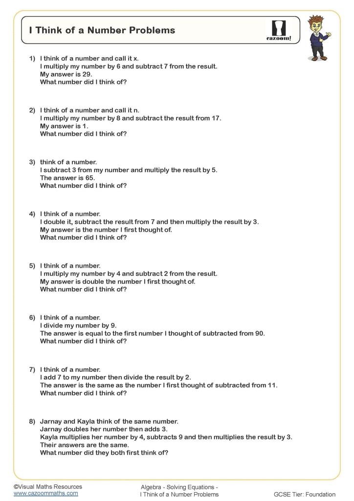 I Think Of A Number Problems Worksheet Printable PDF Worksheets