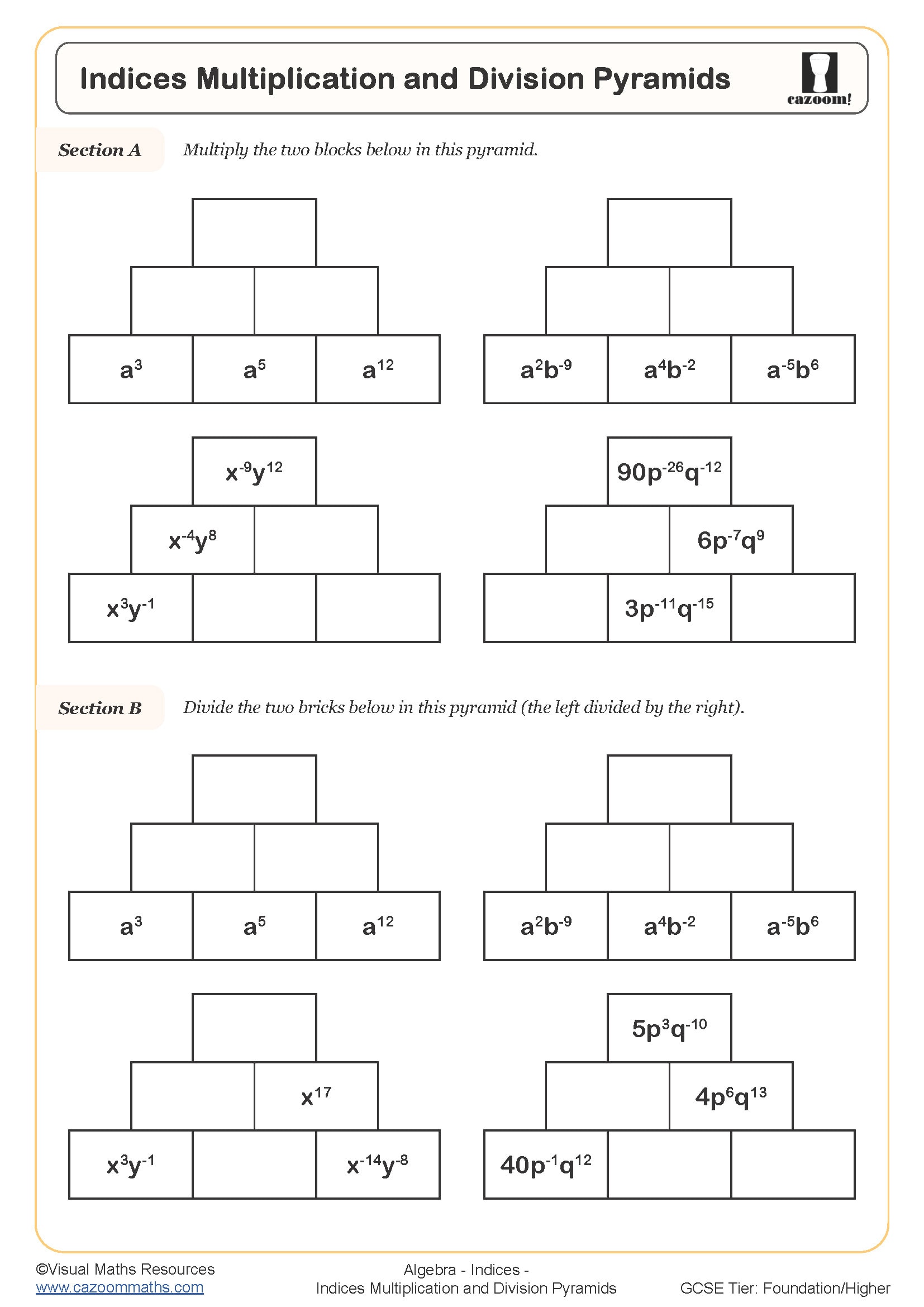 Indices Multiplication and Division Pyramids Worksheet | Printable PDF ...